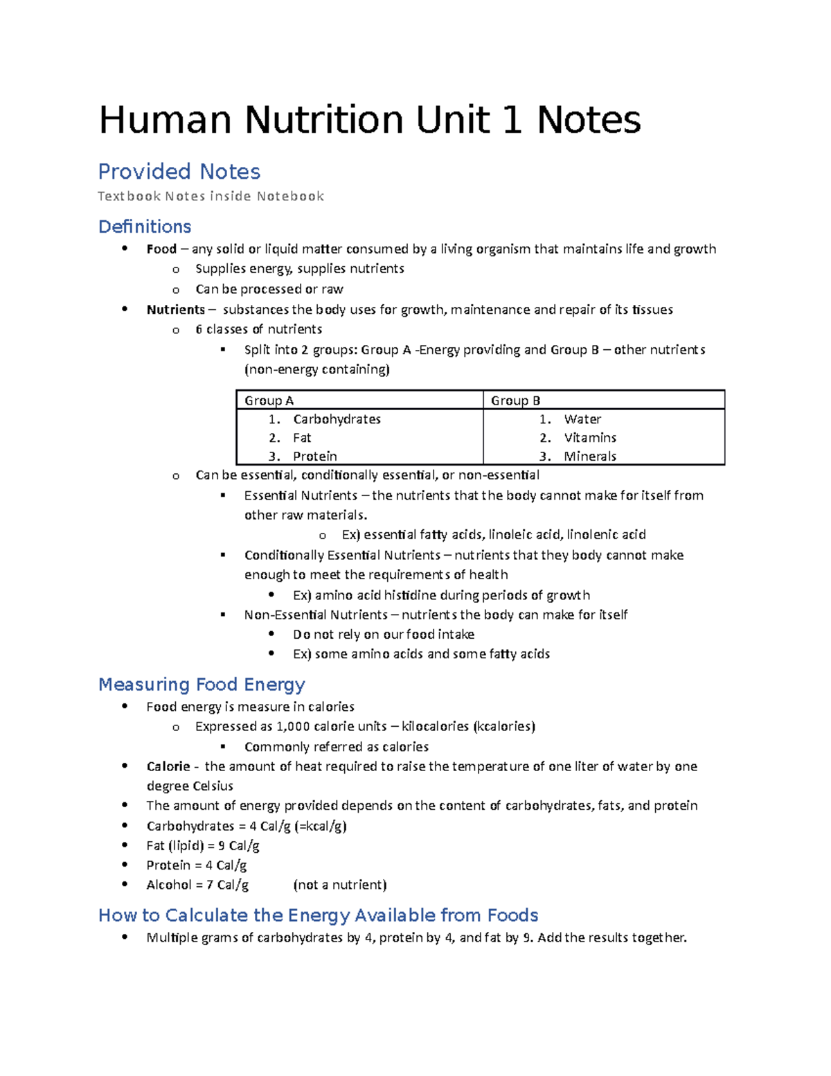 Human Nutrition Unit 1 Notes - Human Nutrition Unit 1 Notes Provided ...