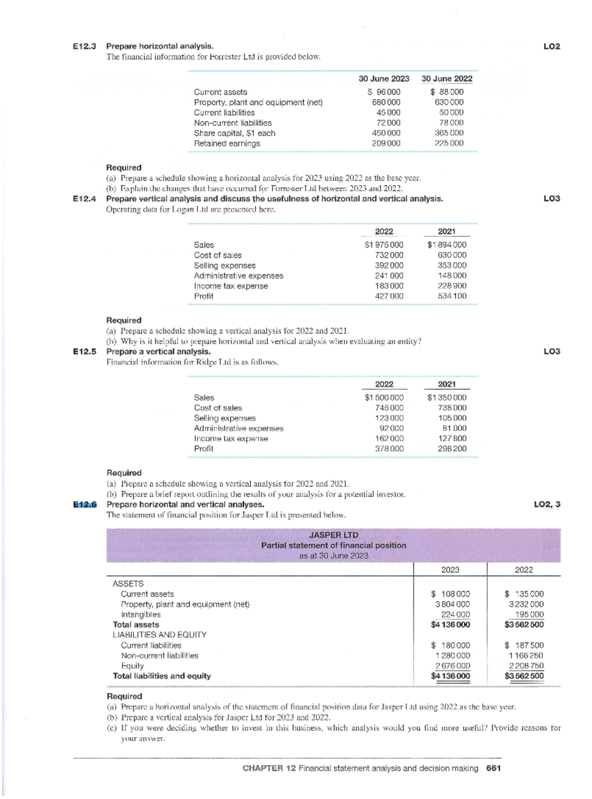 acct102 tutorial exercises from chapter 12 - E12 Prepare horizontal analysis. The financial ...
