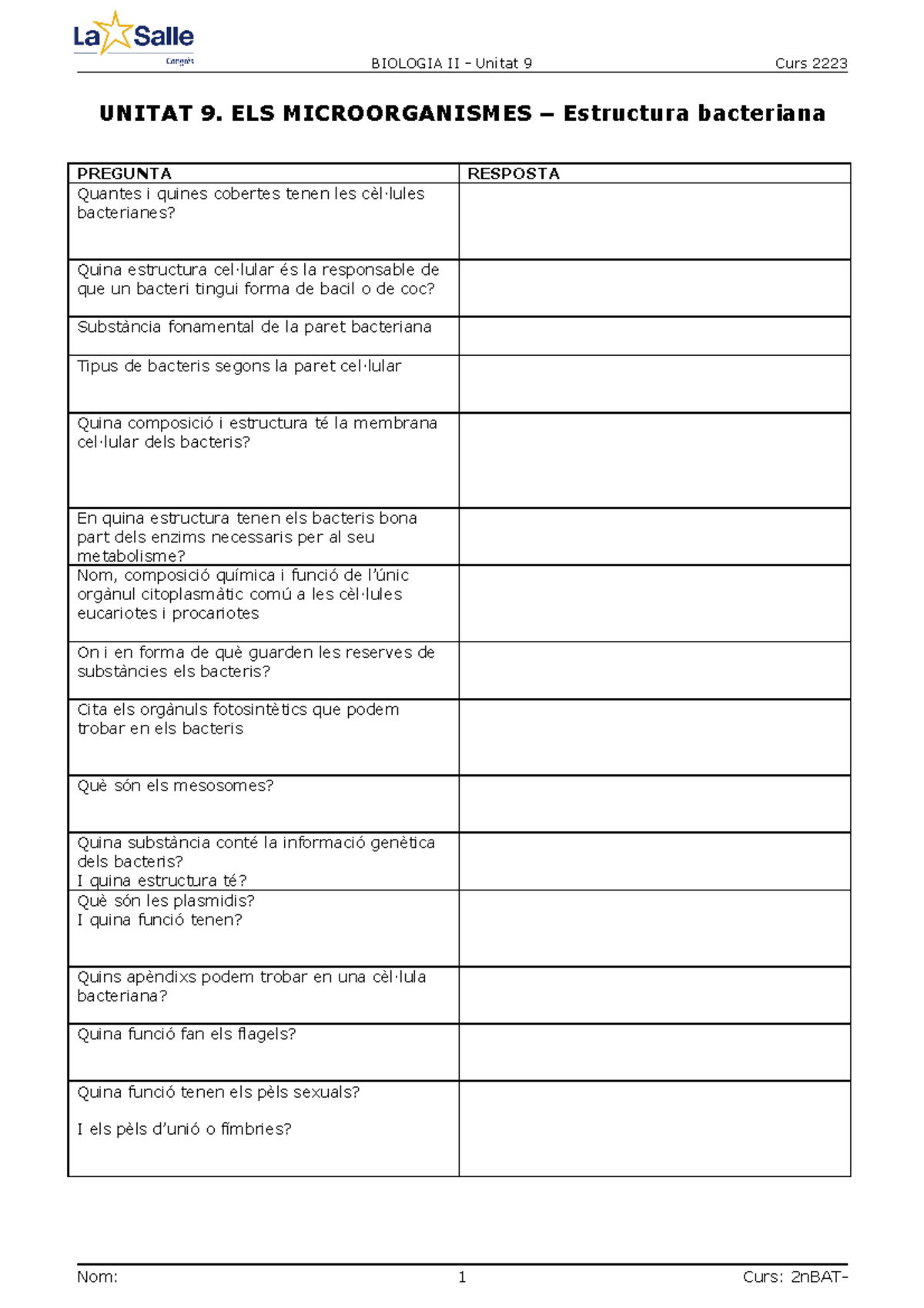 Unitat 9 - exercicis (1) - estructura bacteriana - BIOLOGIA II - Unitat 9 Curs 2223 UNITAT 9 ...