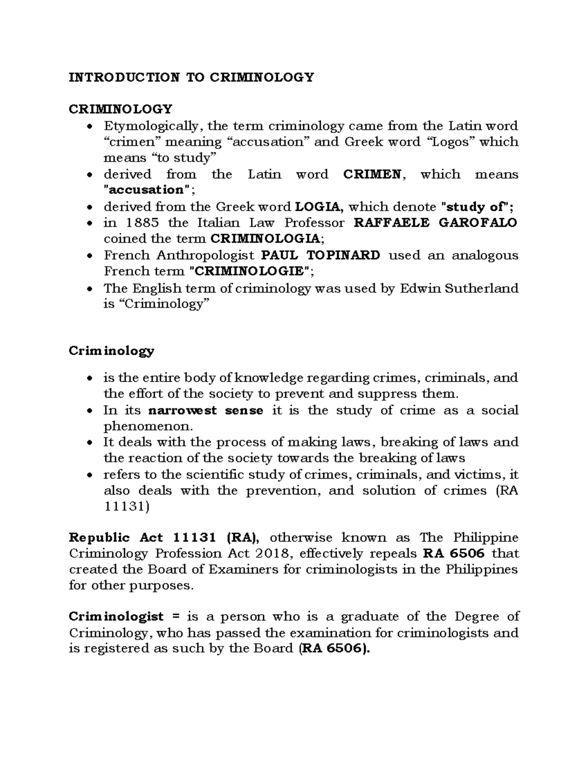 Introduction TO Criminology Reviewer - INTRODUCTION TO CRIMINOLOGY ...