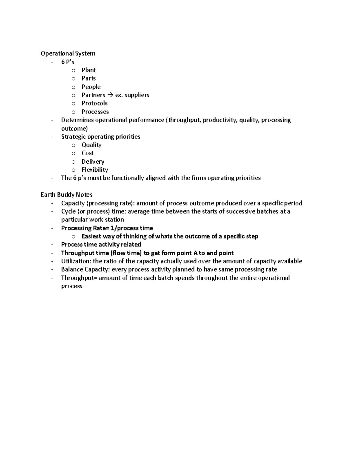 Ops Midterm Study Sheet - Operational System - 6 P’s o Plant o Parts o ...