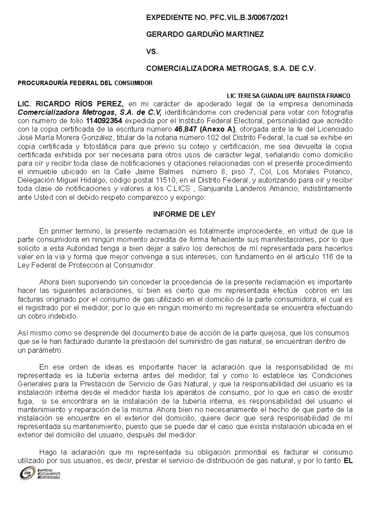 INFORME Y ESTRACTO DE QUEJA PROVEEDOR PROFECO - EXPEDIENTE NO. PFC.VIL ...