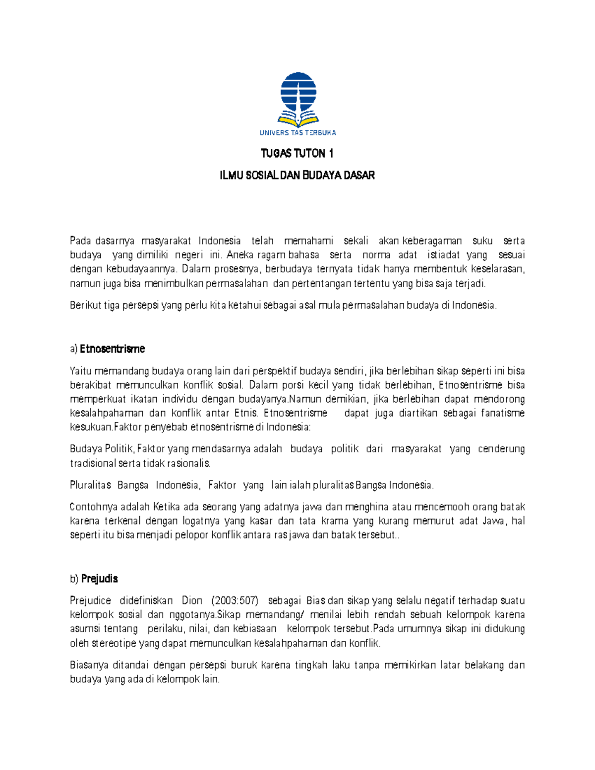 Tugas Tuton 1 ISBD - TUGAS TUTON 1 ILMU SOSIAL DAN BUDAYA DASAR Pa d a ...