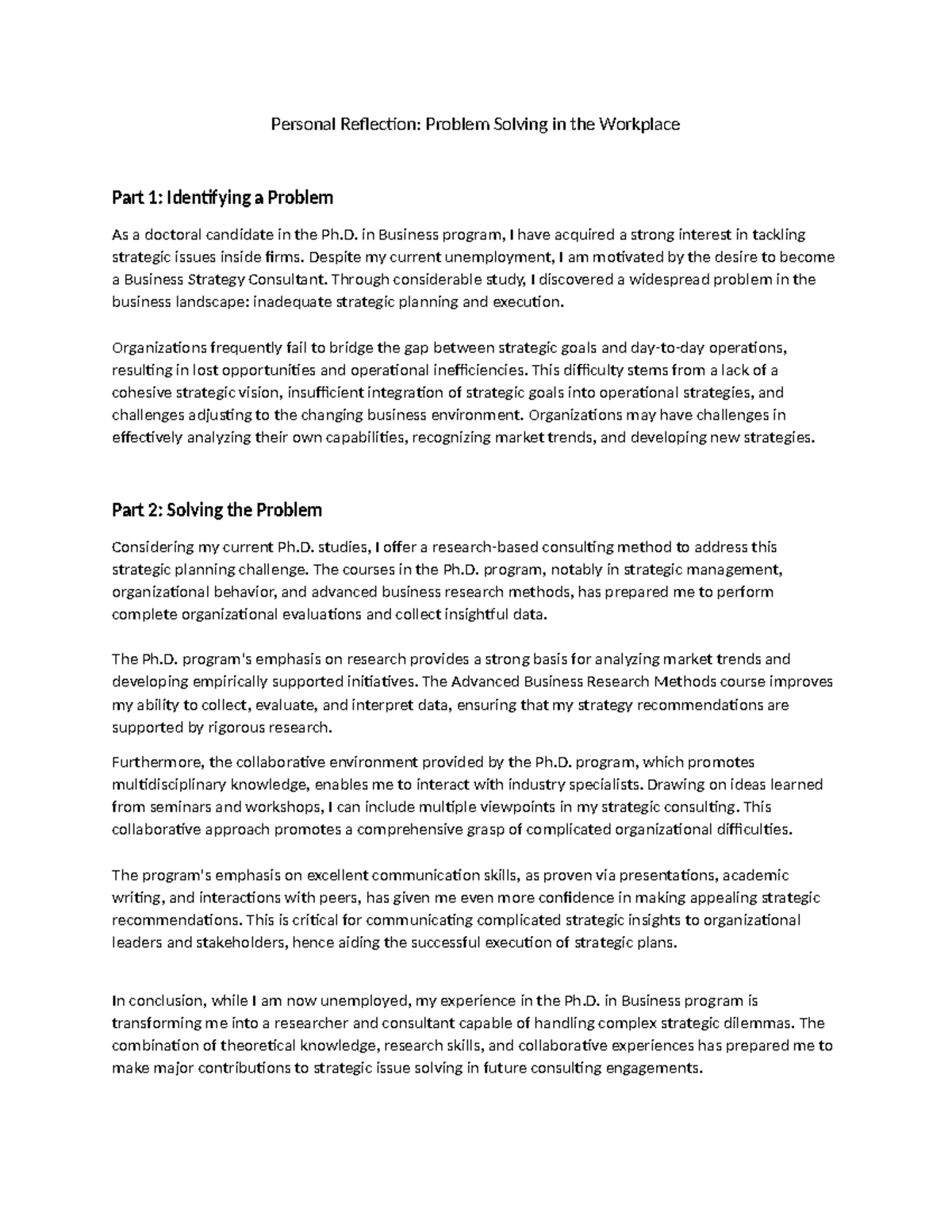 Raju pedda Assignment - Personal Reflection: Problem Solving in the Workplace Part 1 ...