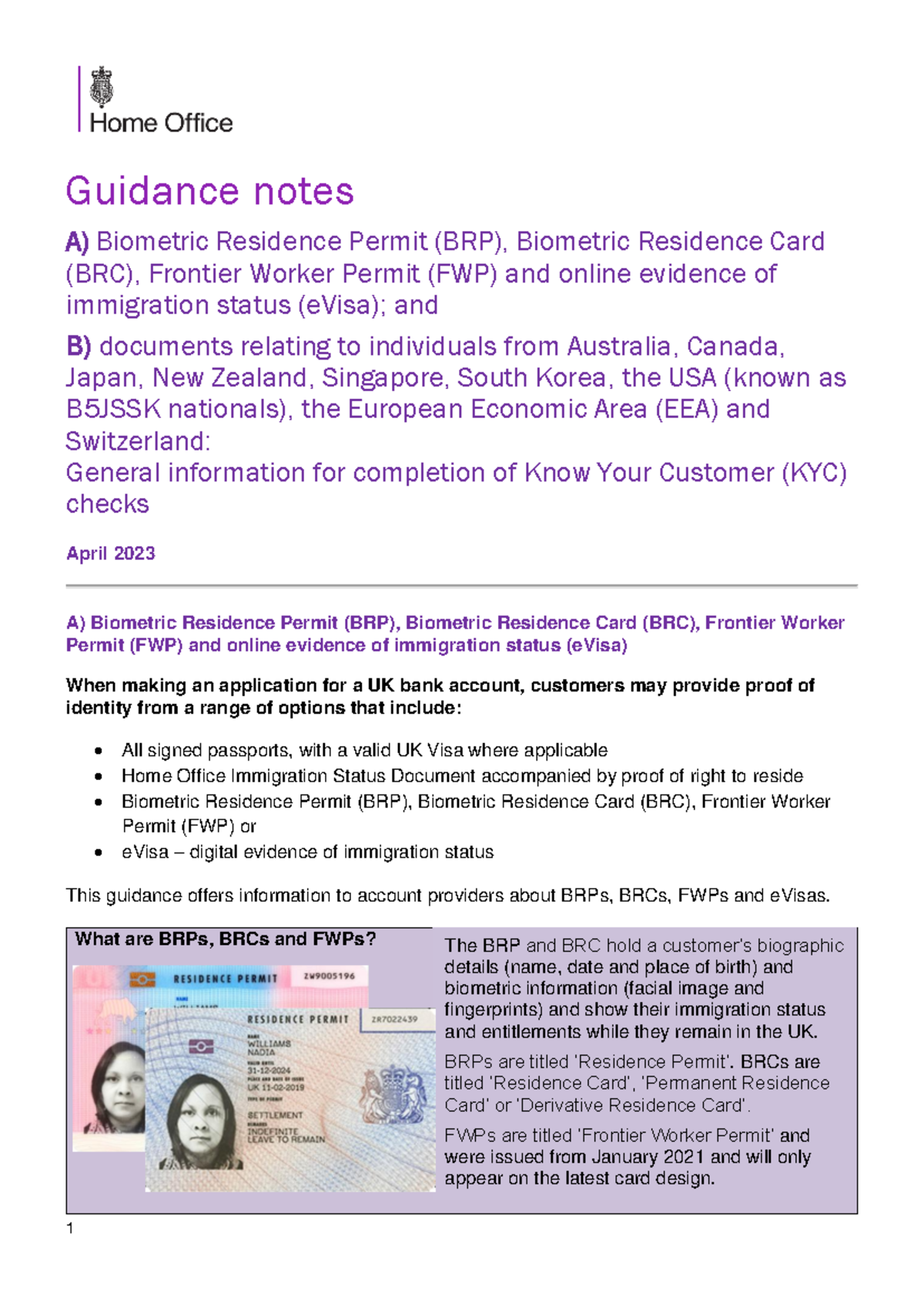 Guidance Notes for KYC - April 2023 - Guidance notes A) Biometric ...
