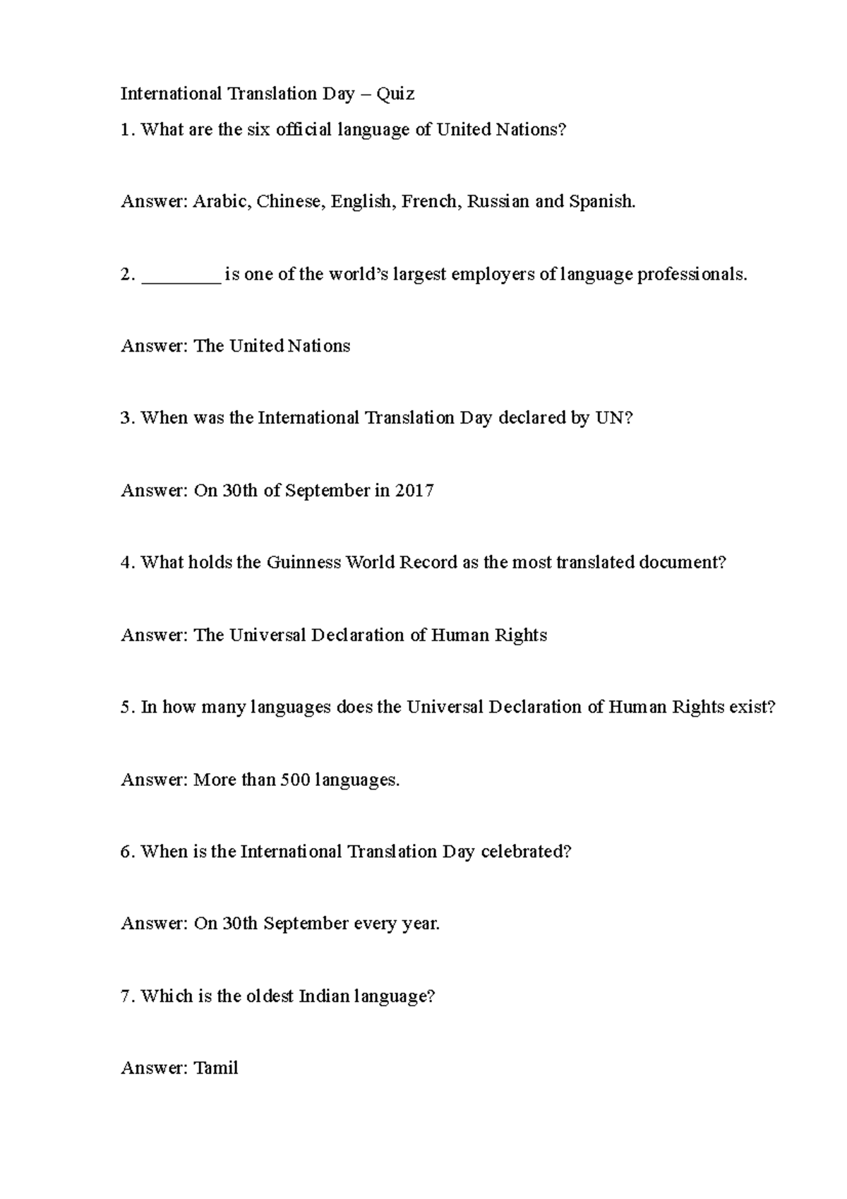 QUIZ - Quizz - International Translation Day – Quiz1. What are the six ...
