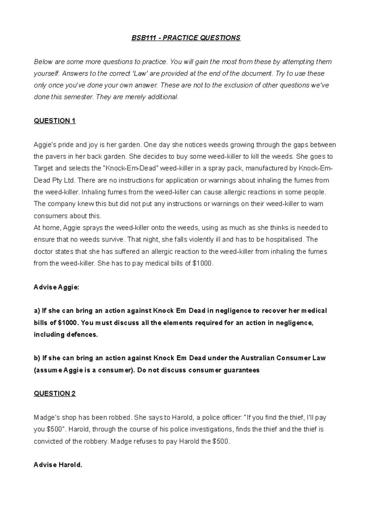 Sample/practice exam, questions and answers - BSB111 - PRACTICE ...