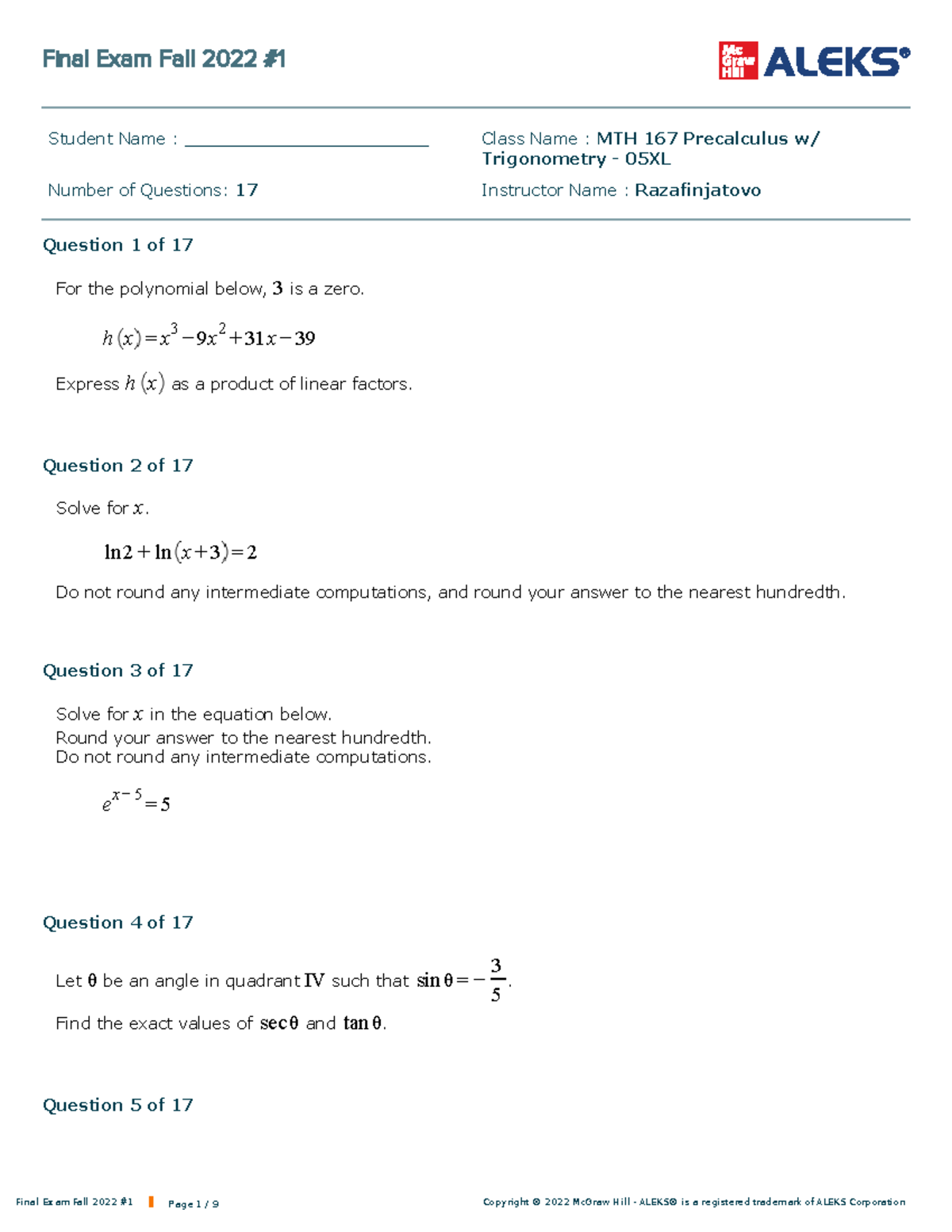 MTH 167 Fall 2022 Final Exam NA - Final Exam Fall 2022 Student Name ...