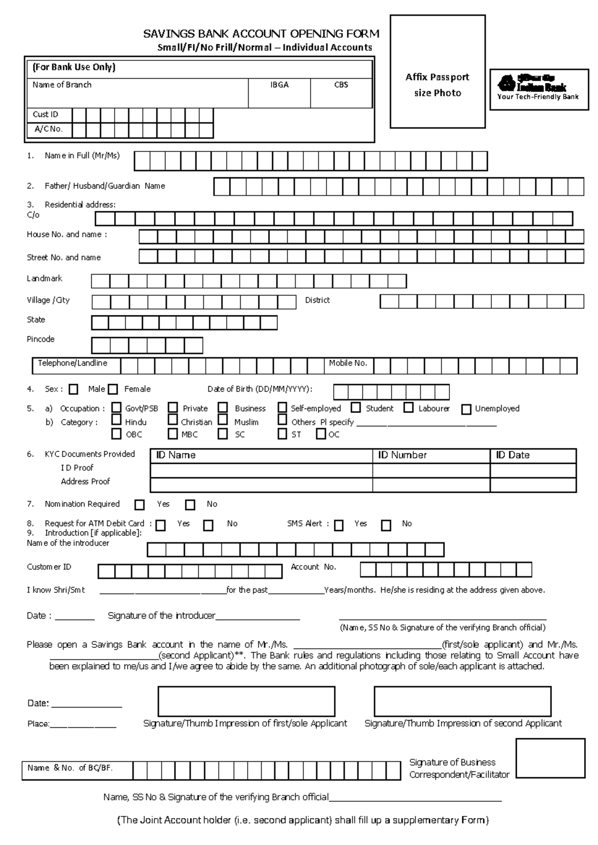 SB AC Opening FORM - SAVINGS BANK ACCOUNT OPENING FORM Small/FI/No ...