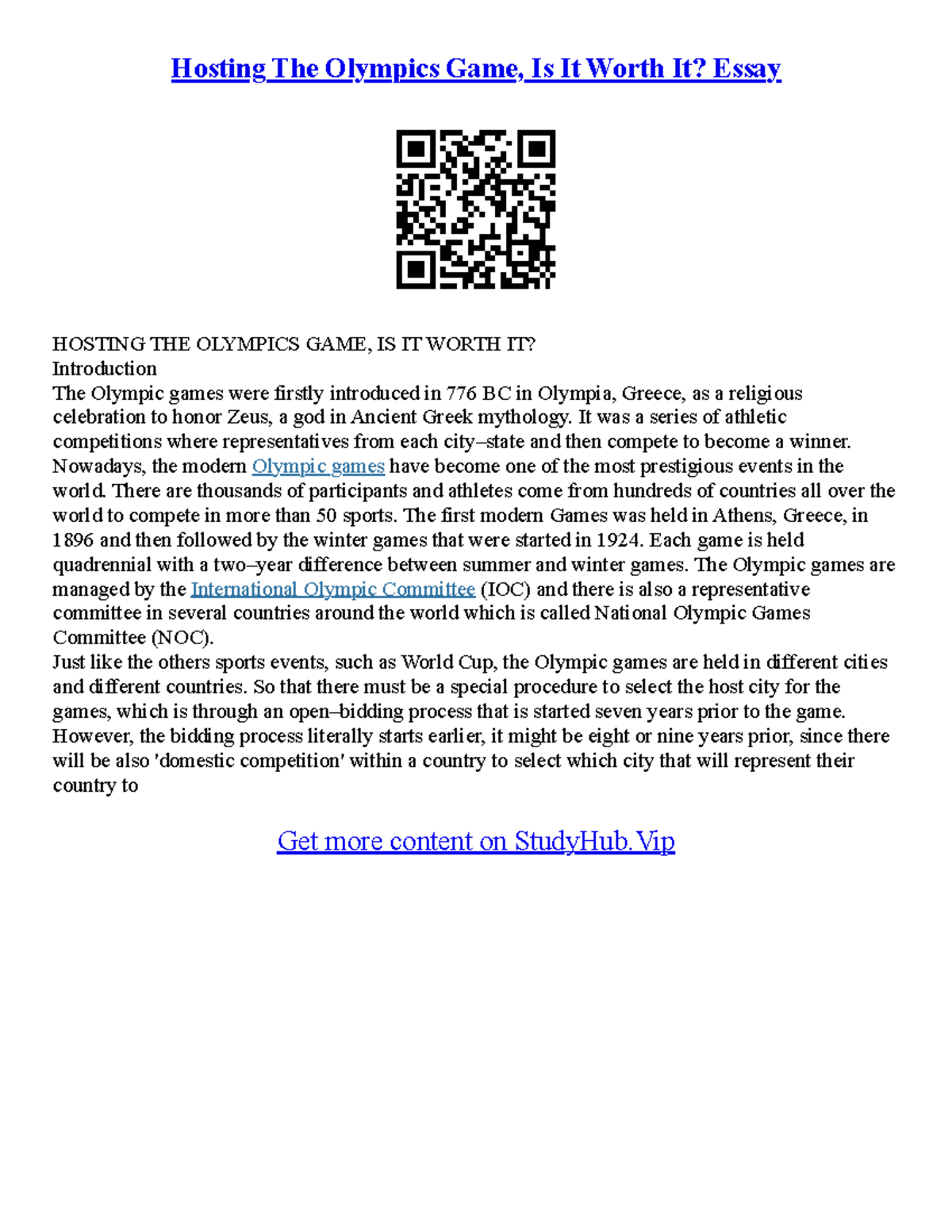 Olympic Games Essay - Hosting The Olympics Game, Is It Worth It? Essay ...