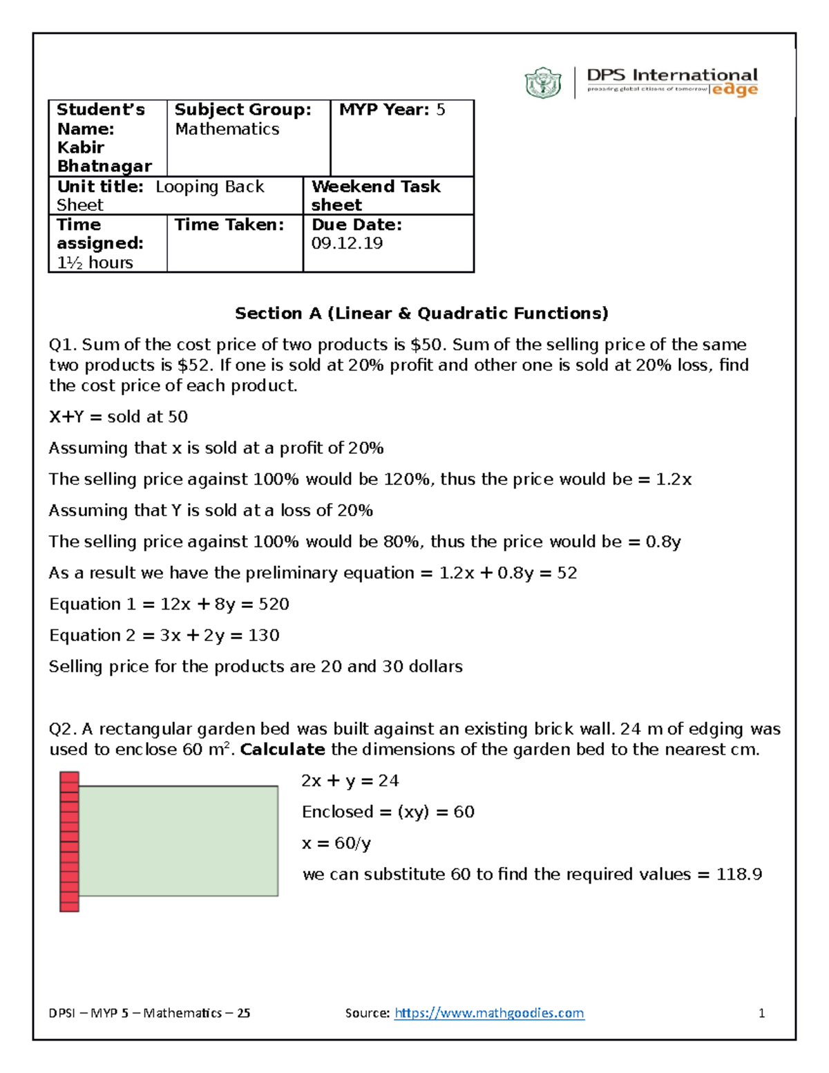 Math Task sheet 17 - MYP 5 - 06 - Student’s Name: Kabir Bhatnagar ...