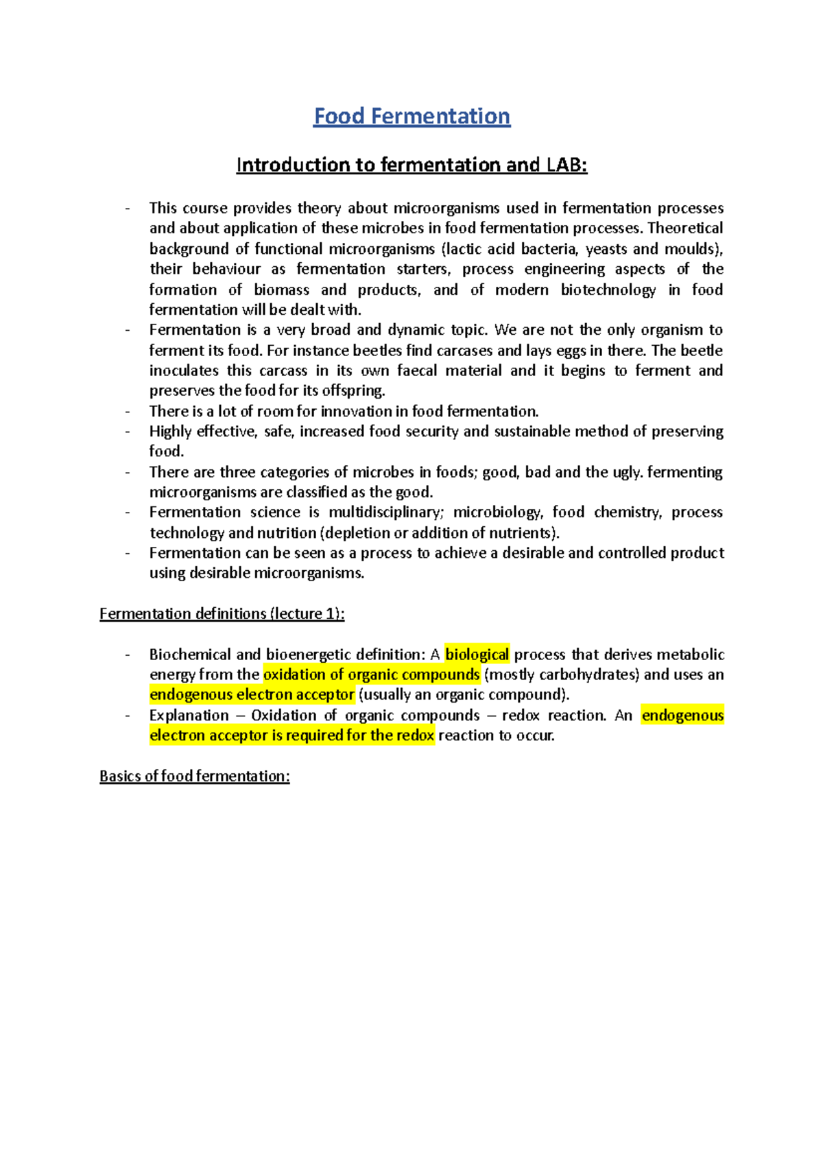 Food fermentation hannah notes - Food Fermentation Introduction to ...