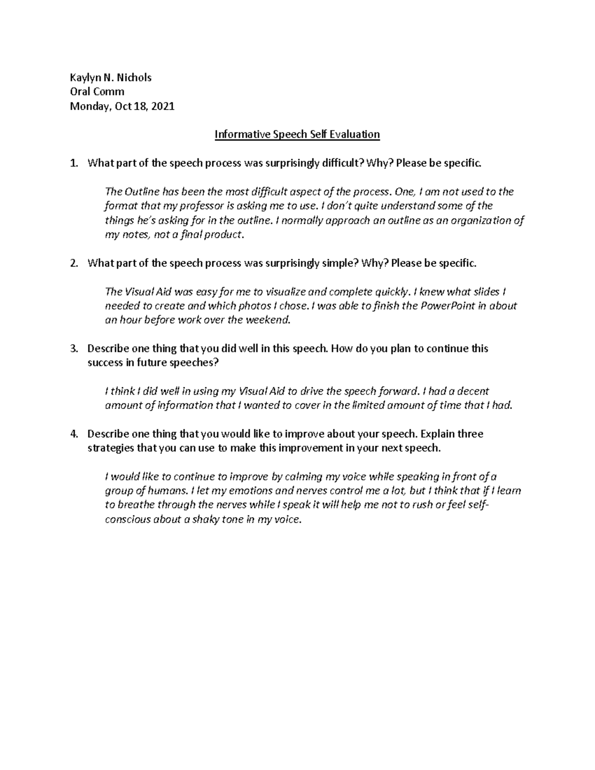 Informative Self Evaluation - Kaylyn N. Nichols Oral Comm Monday, Oct ...