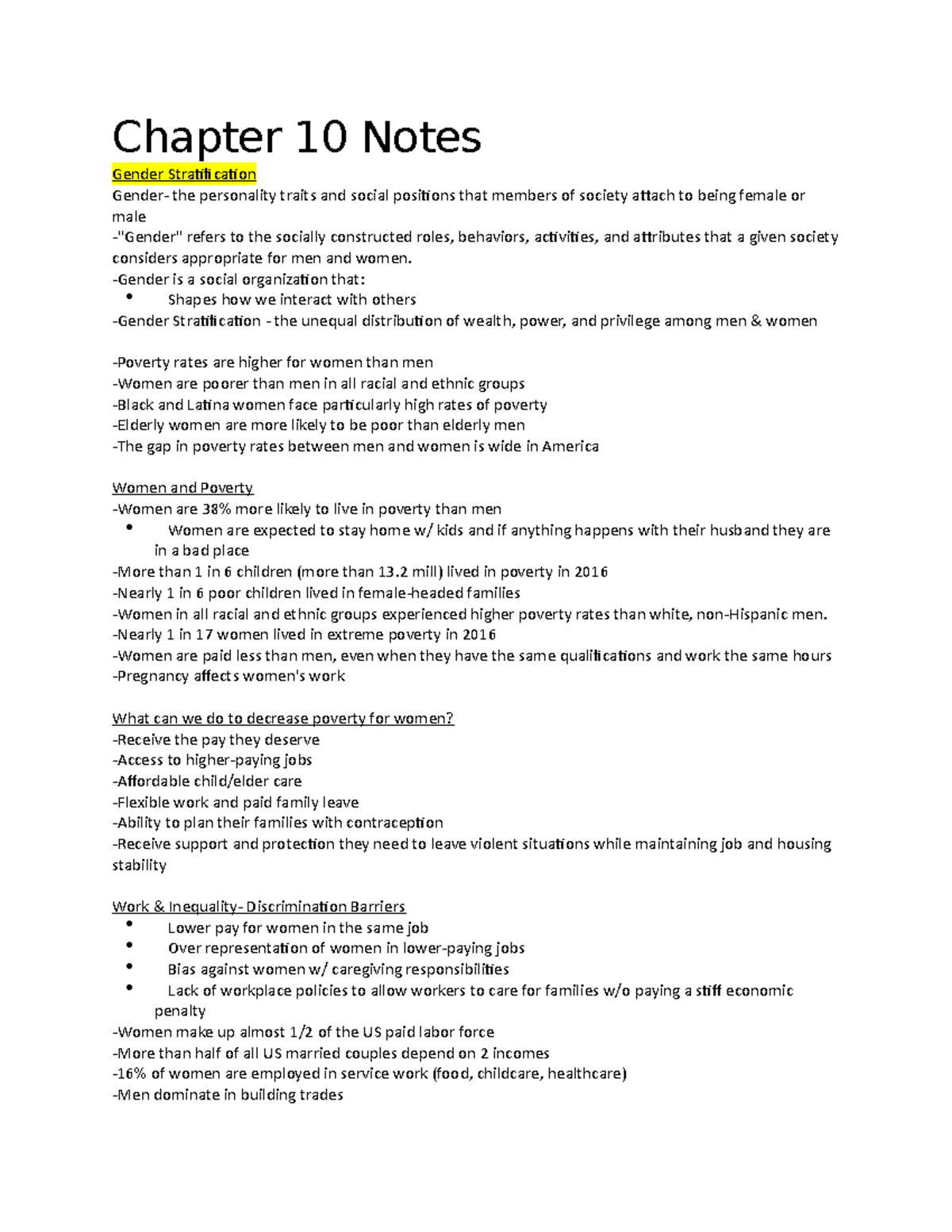 Chapter 10 Notes - Chapter 10 Notes Gender Stratification Gender- the ...