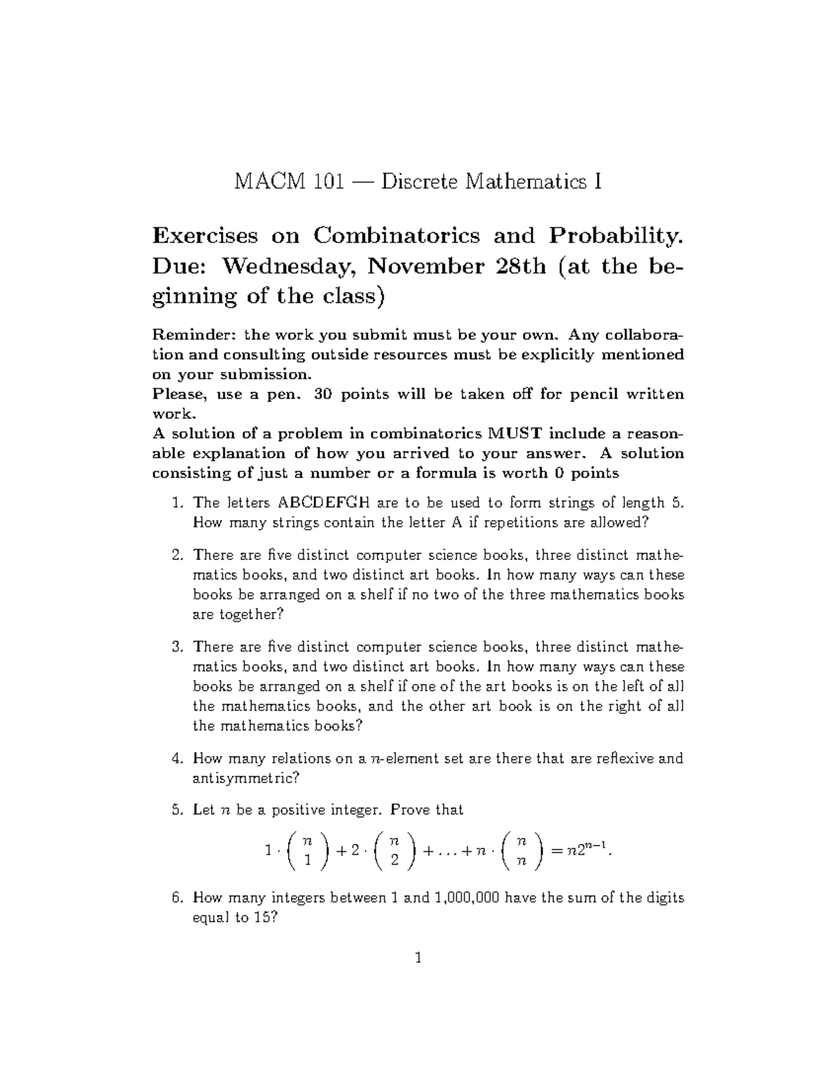 Exer5-18 - Assignment 5 - MACM 101 — Discrete Mathematics I Exercises on Combinatorics and - Studocu