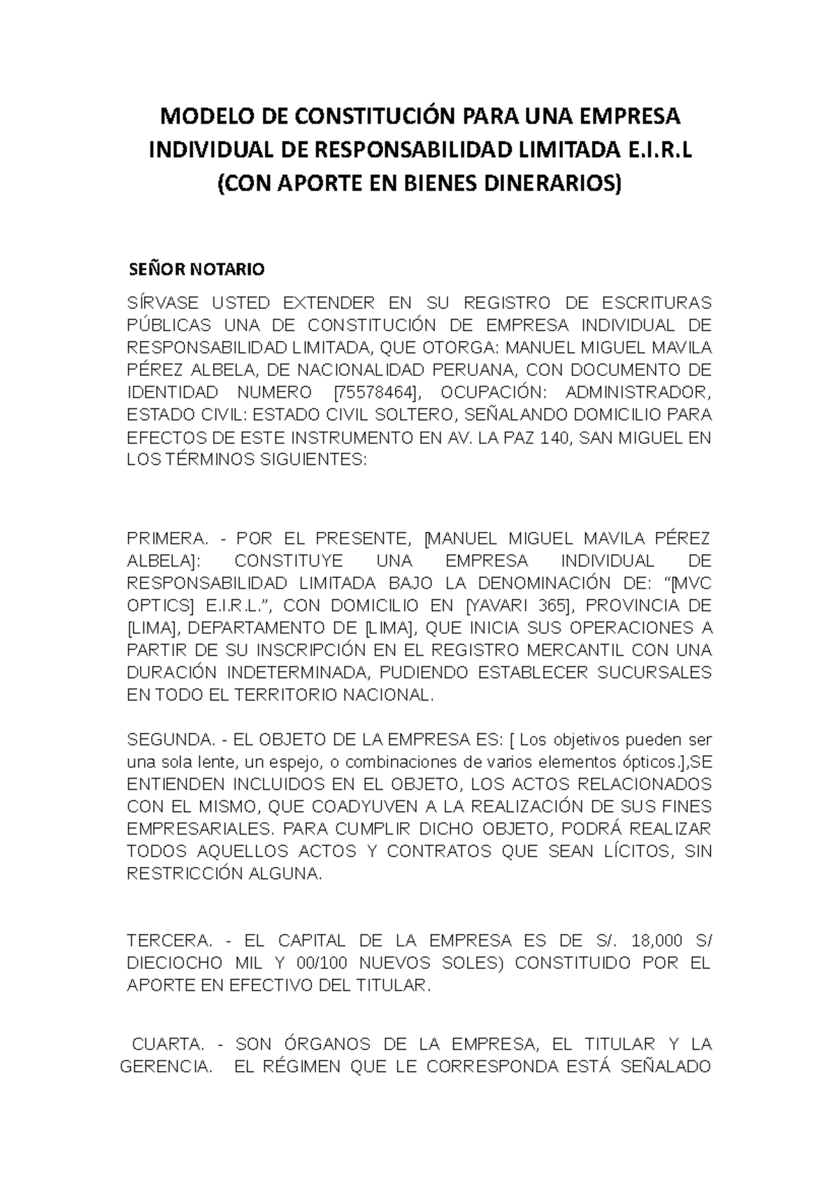 Modelo DE Constitución PARA UNA Empresa Individual DE Responsabilidad Limitada E - MODELO DE ...