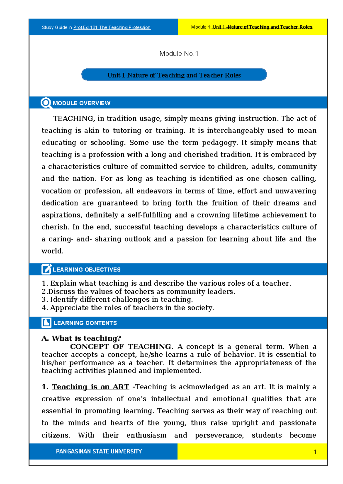 PROFESSIONAL EDUCATION - Unit I-Nature of Teaching and Teacher Roles ...