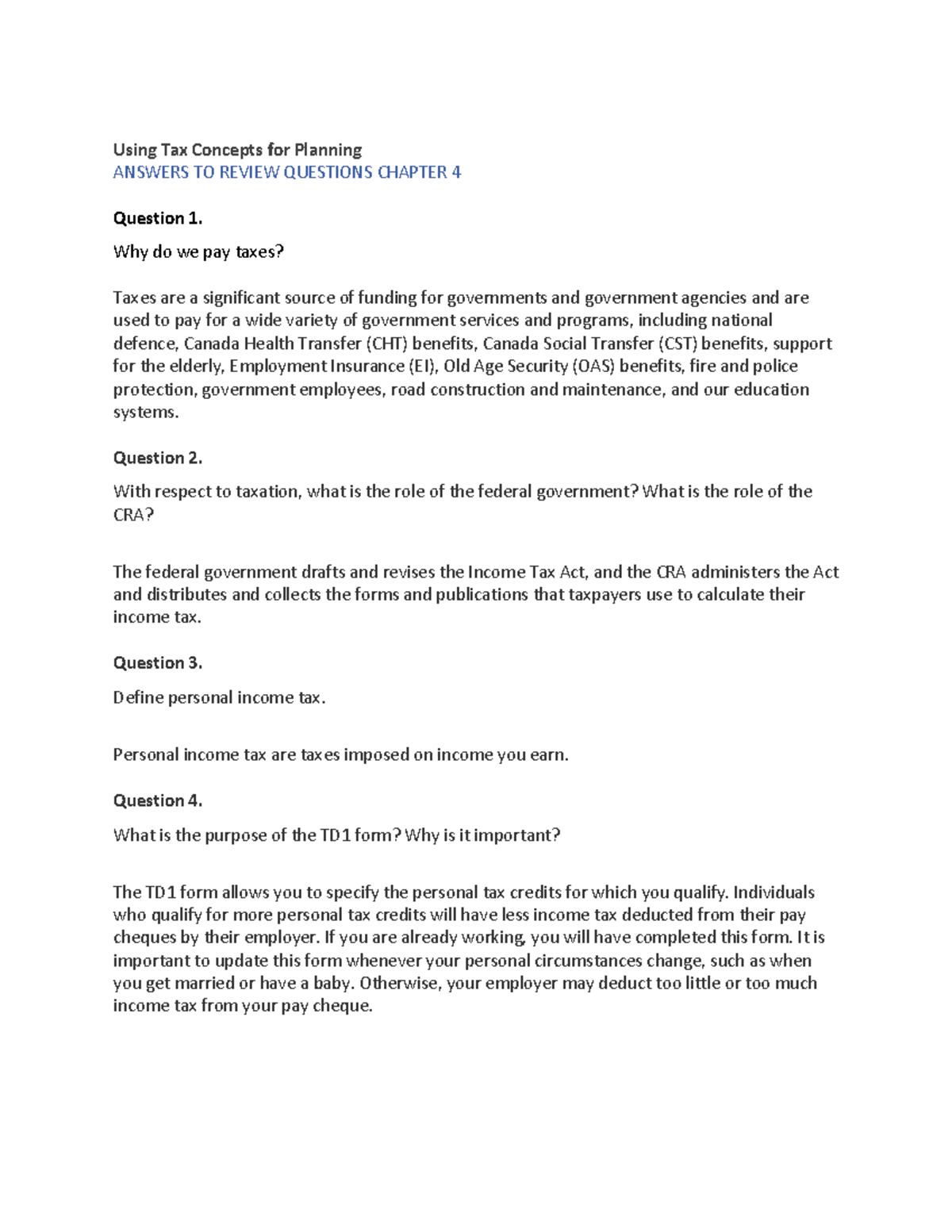 Using Tax Concepts for Planning - Practice Questions - Using Tax ...