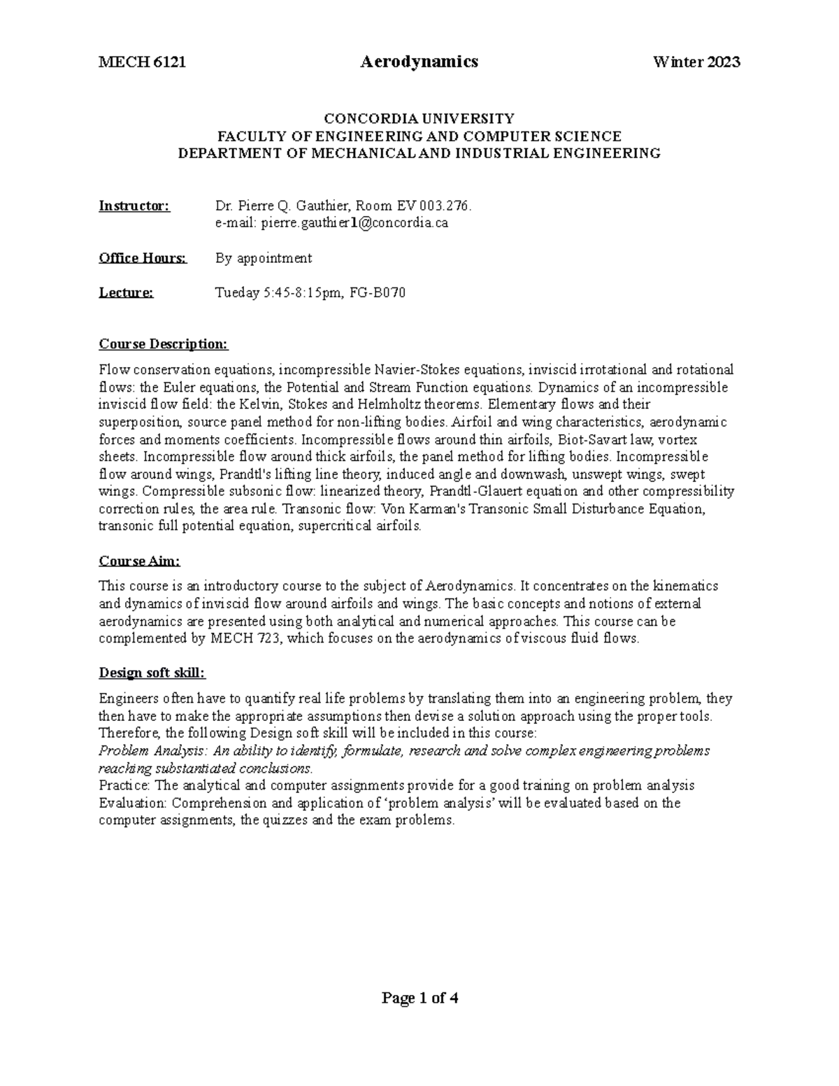 Aerodynamics Outline Winter-2023 - CONCORDIA UNIVERSITY FACULTY OF ENGINEERING AND COMPUTER ...