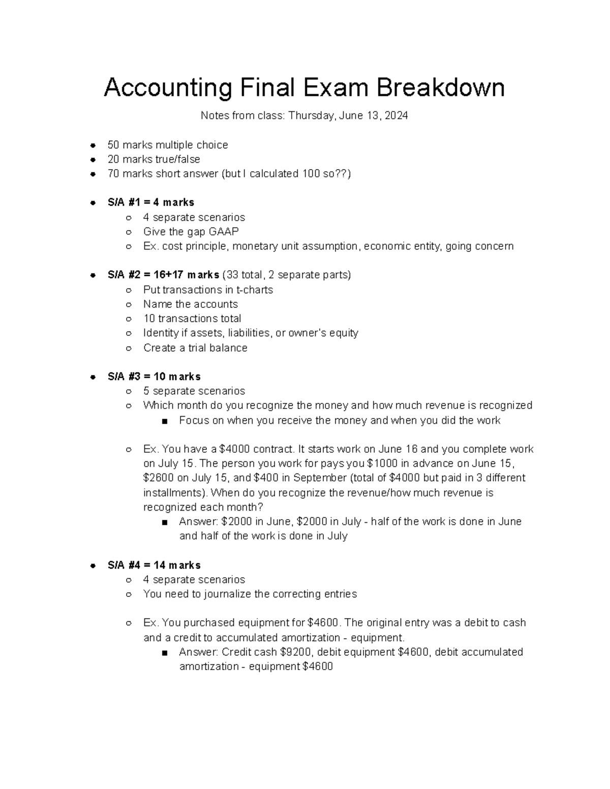 Accounting Final Exam Breakdown - cost principle, monetary unit ...