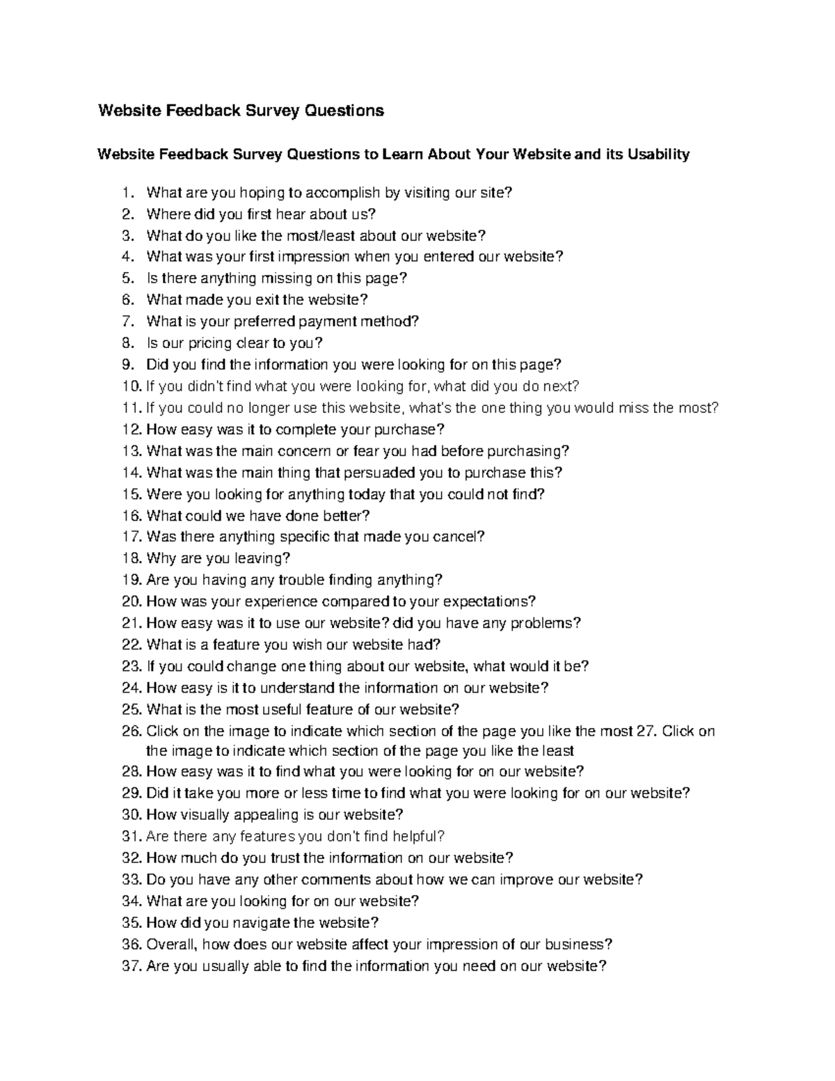 Website feedback survey questions - Website Feedback Survey Questions ...