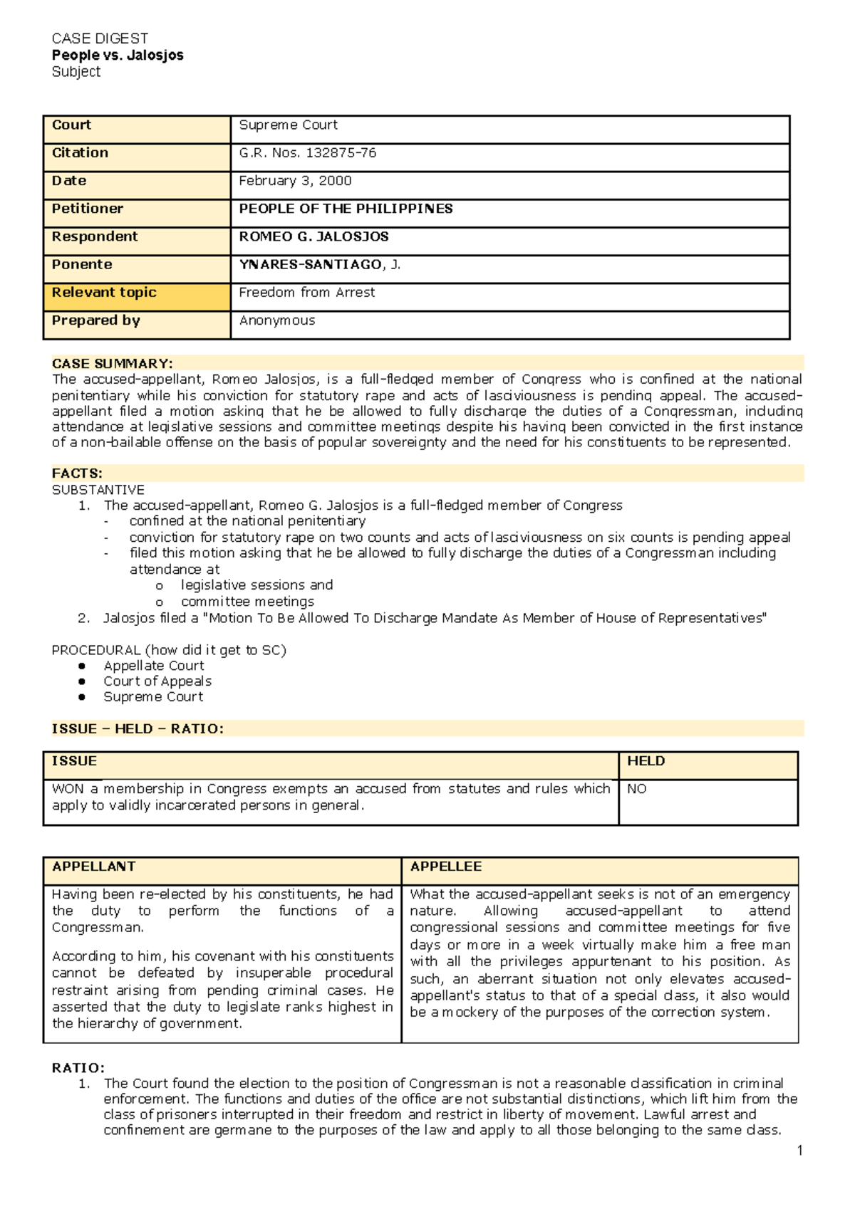 People vs. Jalosjos - good - People vs. Jalosjos Subject Court Supreme ...