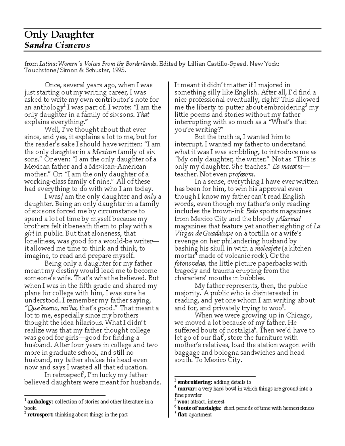 Sandra Cisneros, Only Daughter - Only Daughter Sandra Cisneros from Latina: Women's Voices From ...