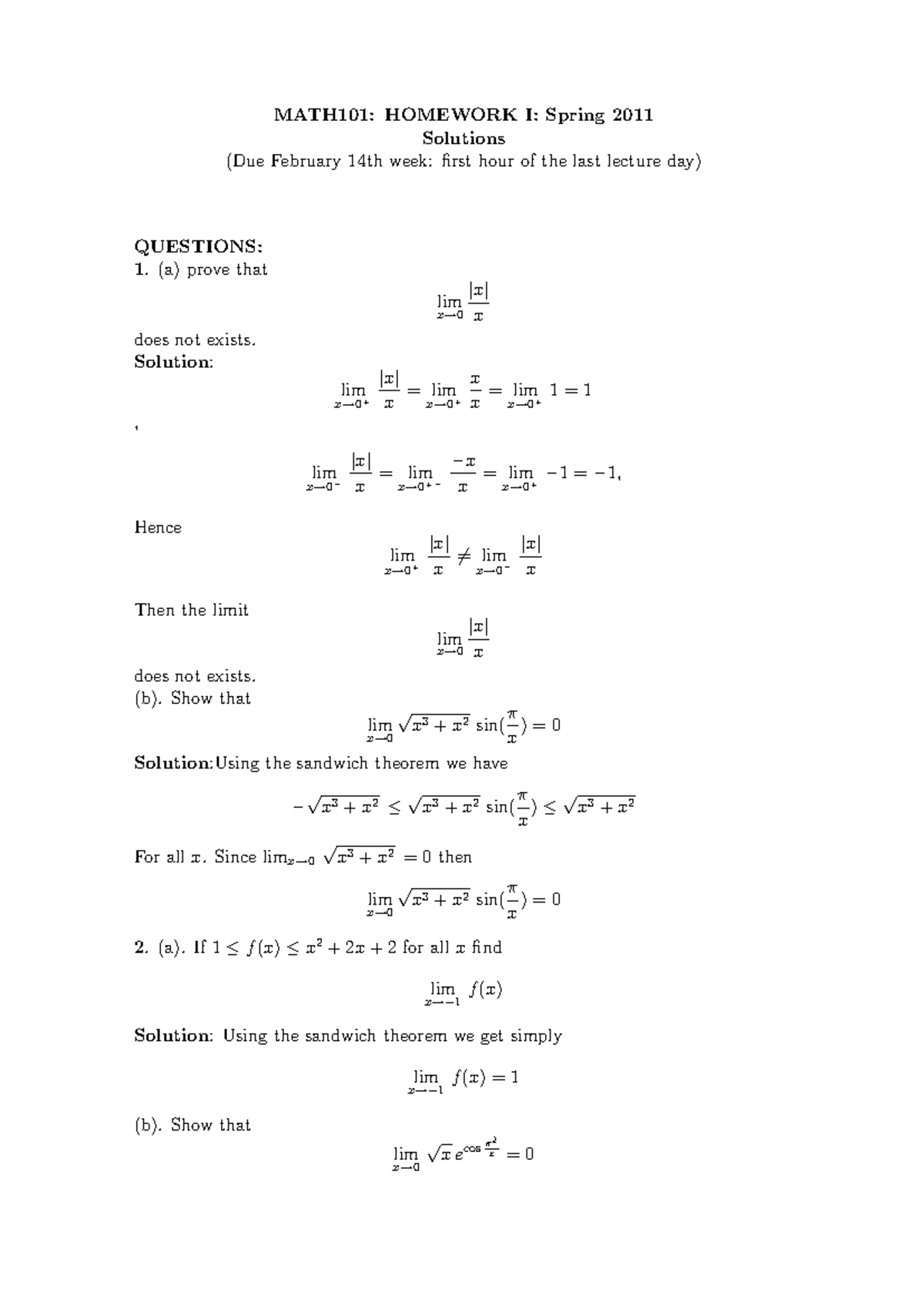Math101 homework - MATH101: HOMEWORK I: Spring 2011 Solutions (Due ...