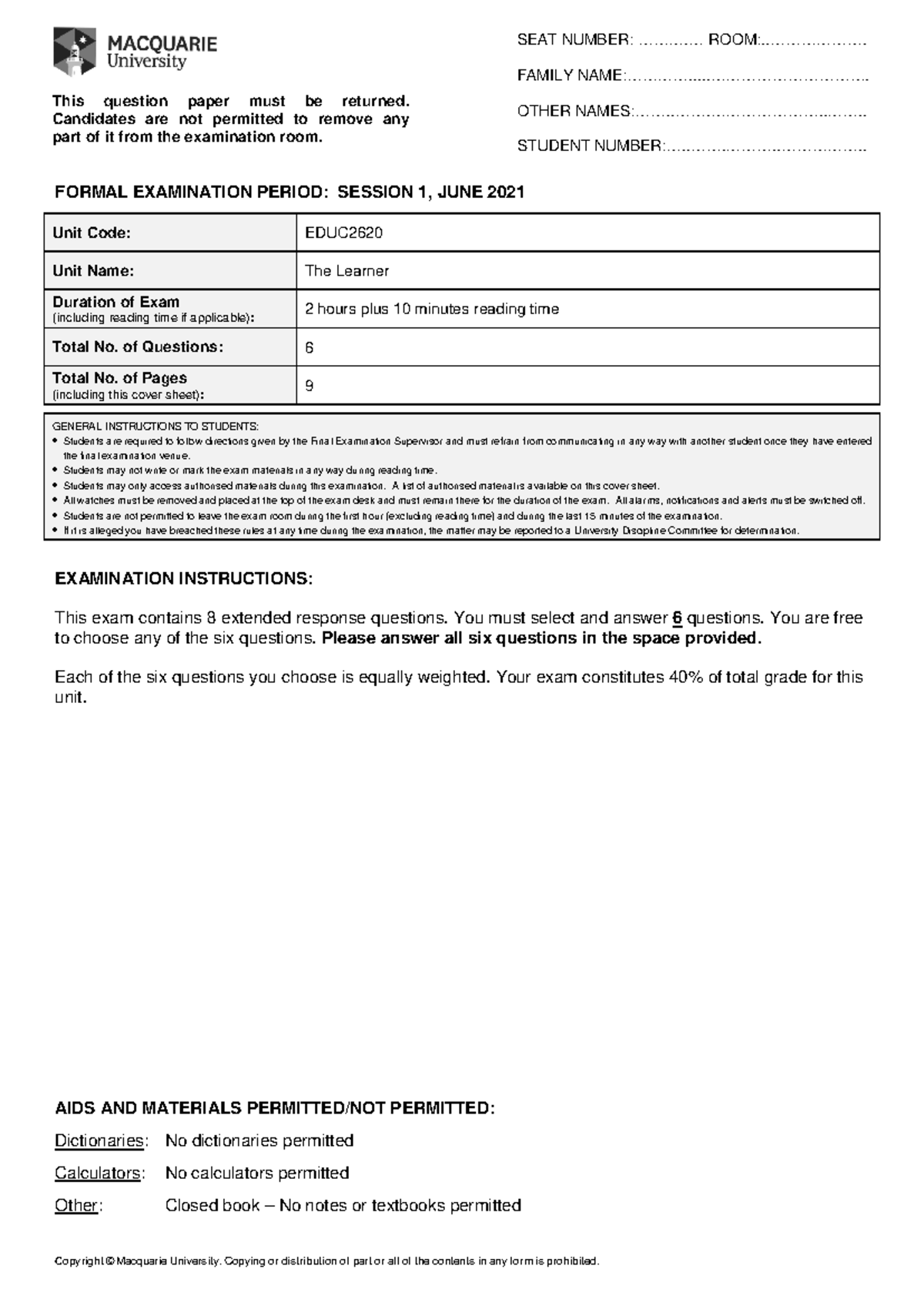 EDUC2620 2021S1 - huhuhuu - This question paper must be returned ...