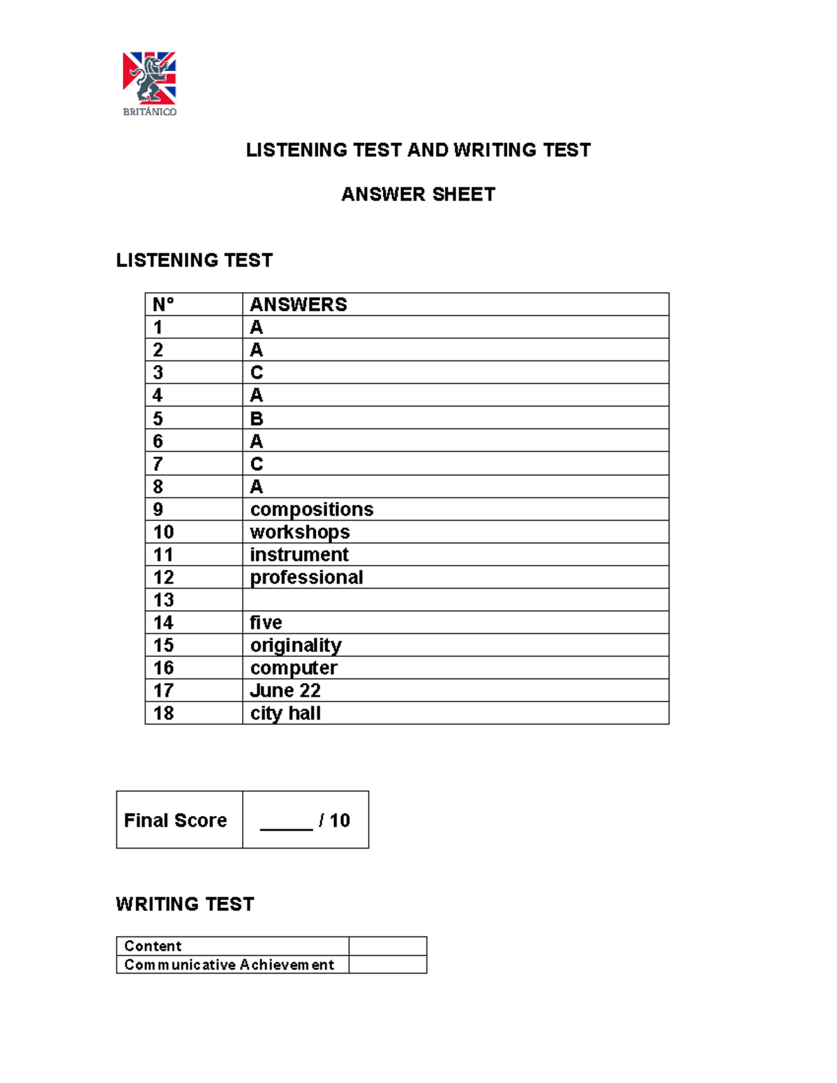 Listening and writitng - Inglés britanico - LISTENING TEST AND WRITING ...