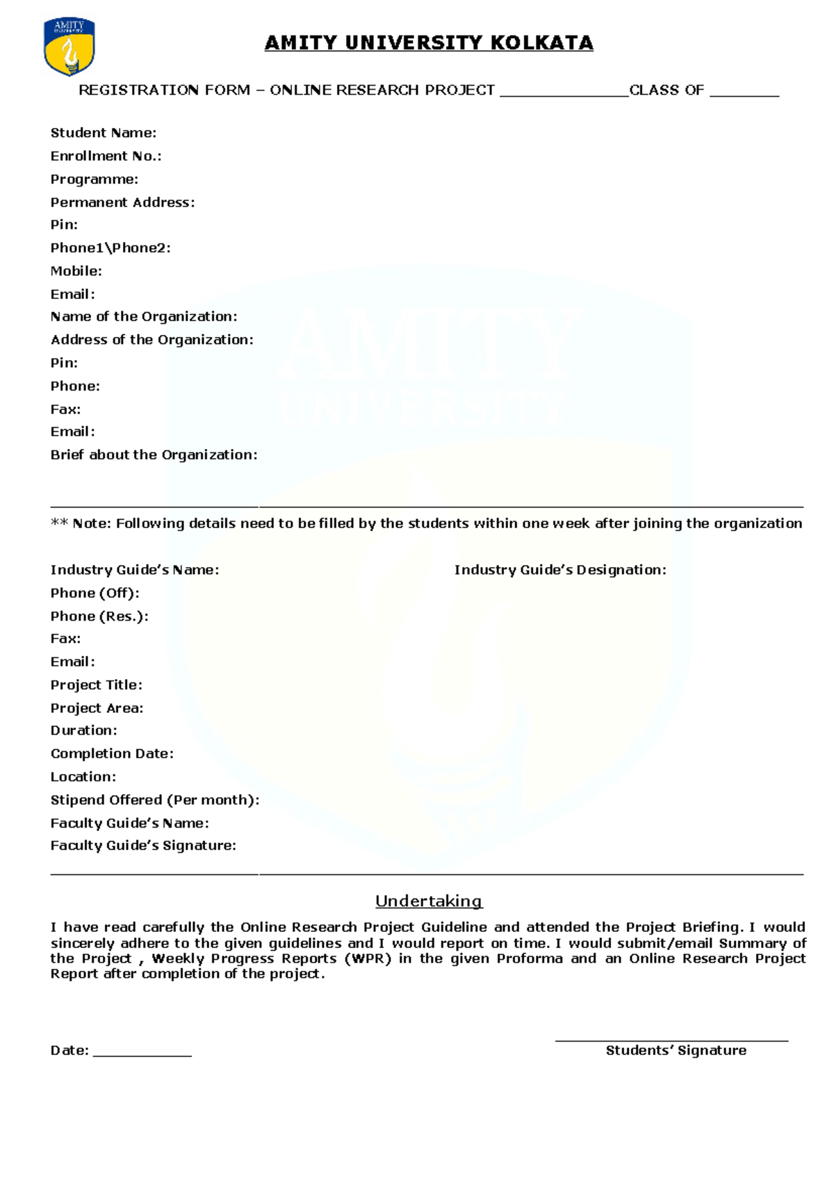 Annexure 1 - Online Research Project Registration Form - AMITY ...