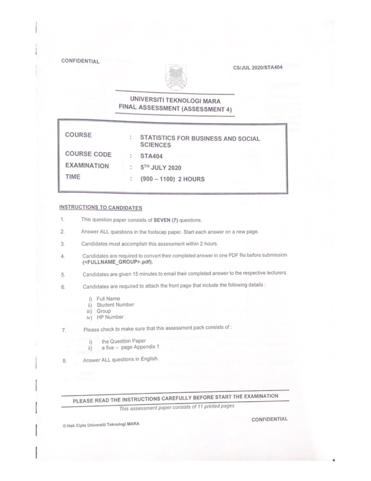 STA404 July 2020 - Past Year Question - Statistic - Studocu