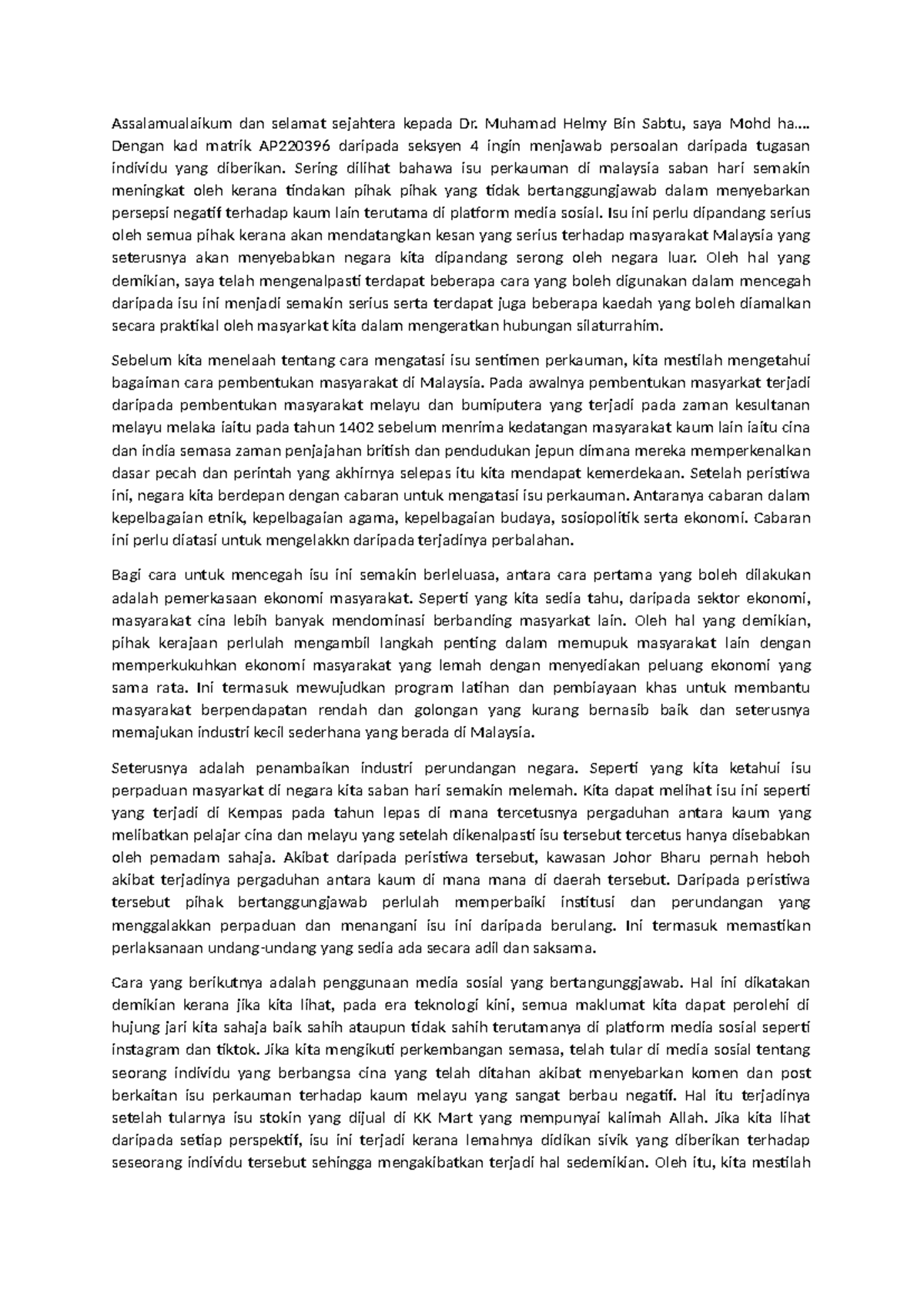 Etika Minggu 5 - INDIVIDUAL ASS - Assalamualaikum dan selamat sejahtera kepada Dr. Muhamad Helmy ...