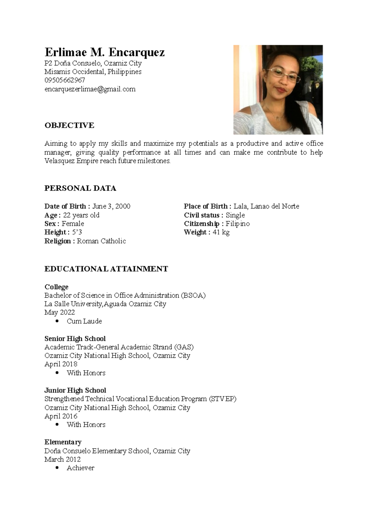 Sample Resume Encarquez - Erlimae M. Encarquez P2 Doña Consuelo, Ozamiz ...