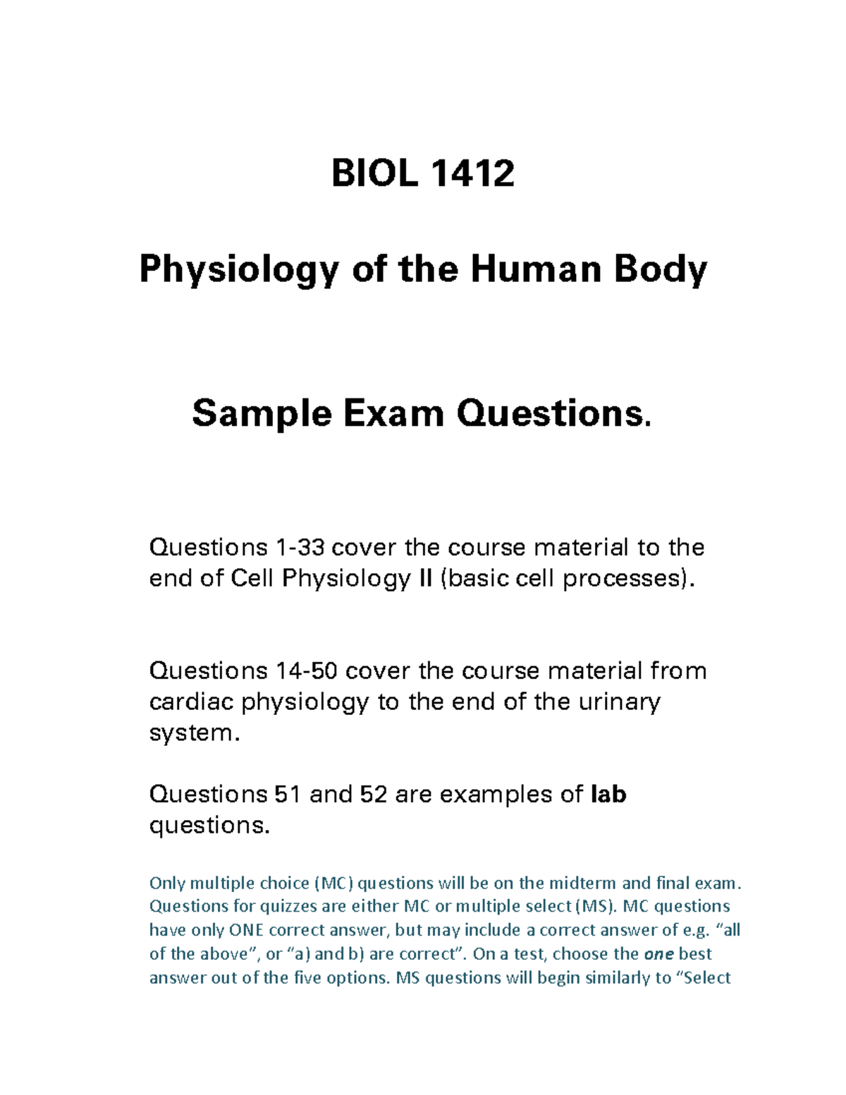 1412 Sample 202410 - BIOL 1412 Physiology of the Human Body Sample Exam ...