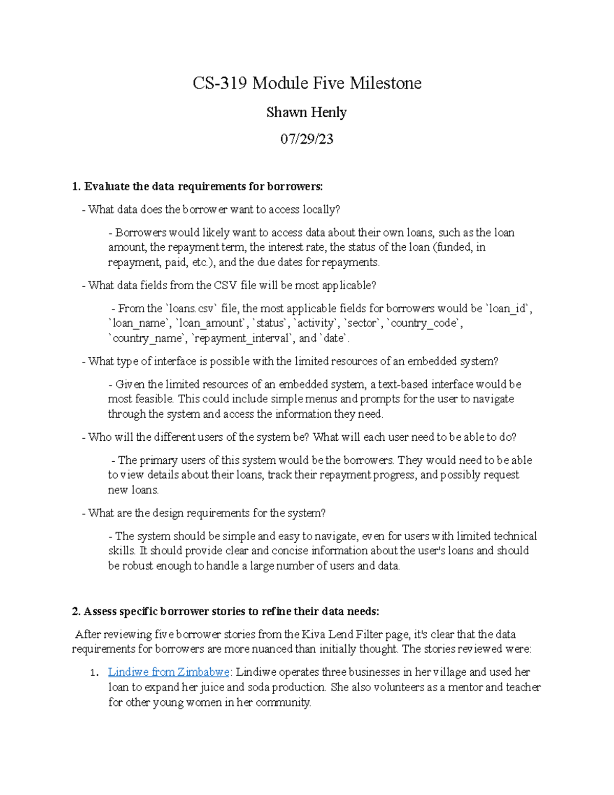 Data Requirements and Design for Borrowers in an Embedded System - Studocu