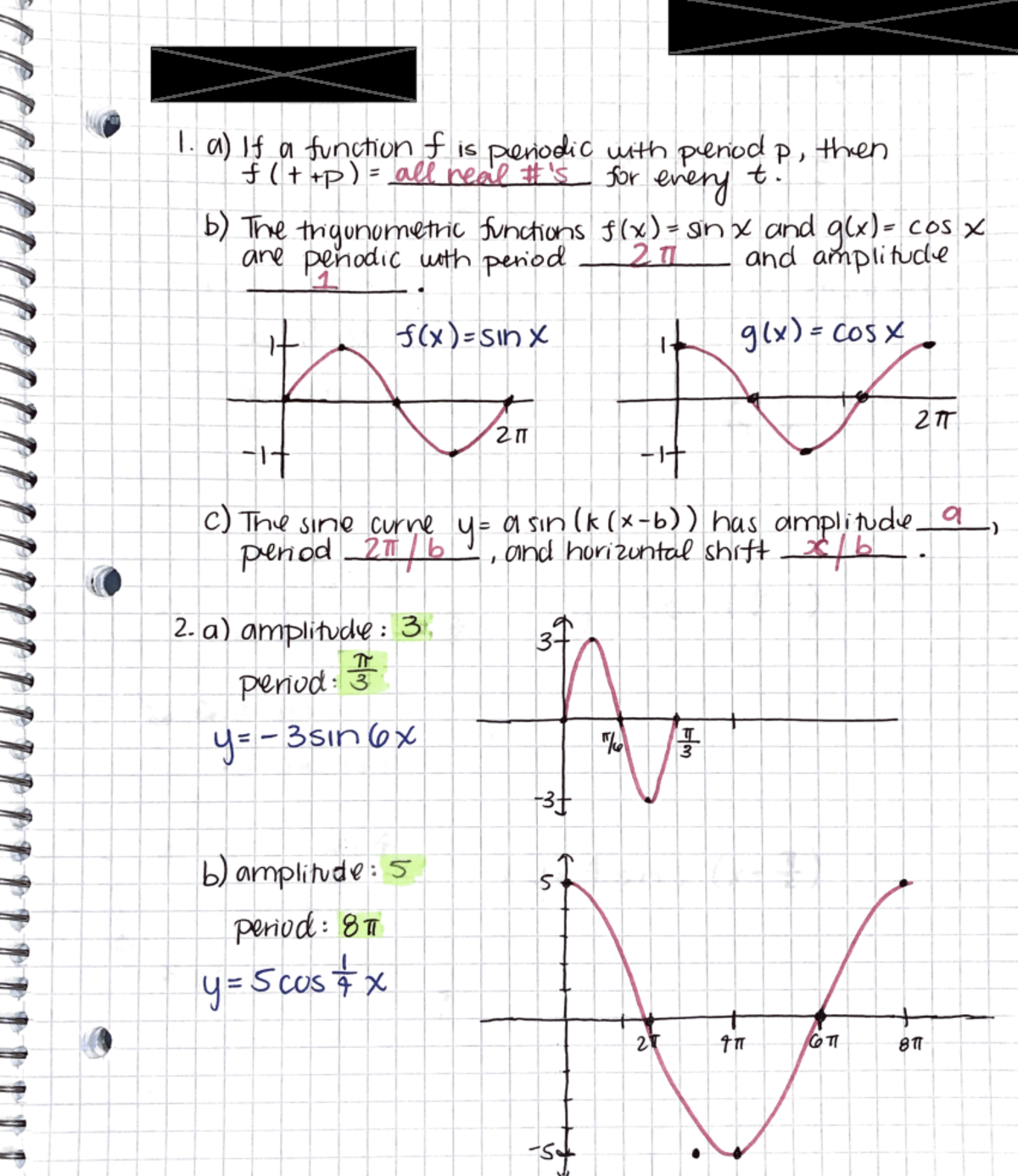 Sine/Cosine Graphs: Amplitude, Period, and H.S. - solution key - MATH ...