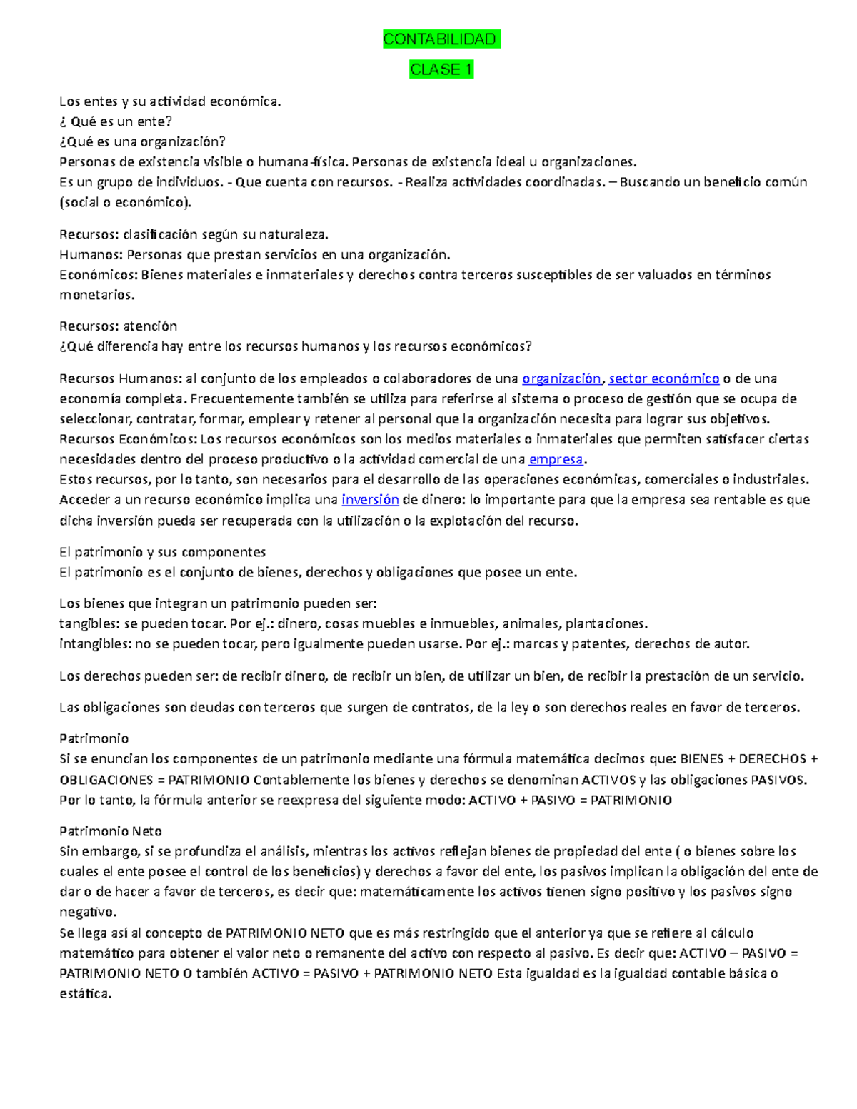 Parcial 1 - CONTABILIDAD CLASE 1 Los entes y su actividad económica ...