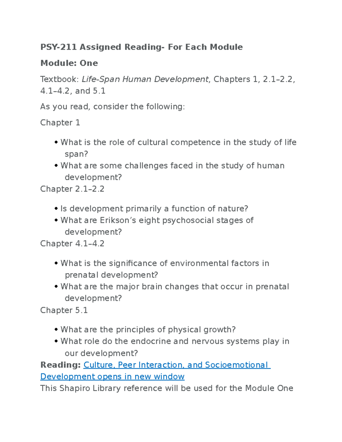 PSY 211- Reading Assignments - PSY-211 Assigned Reading- For Each ...