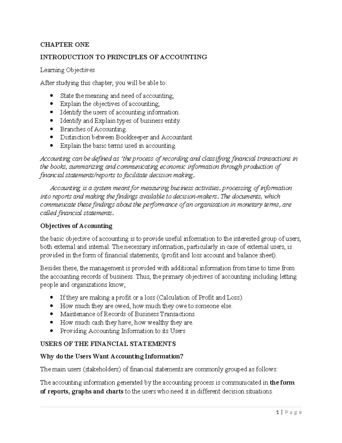 Burao University- principles of Accounting - CHAPTER ONE INTRODUCTION ...