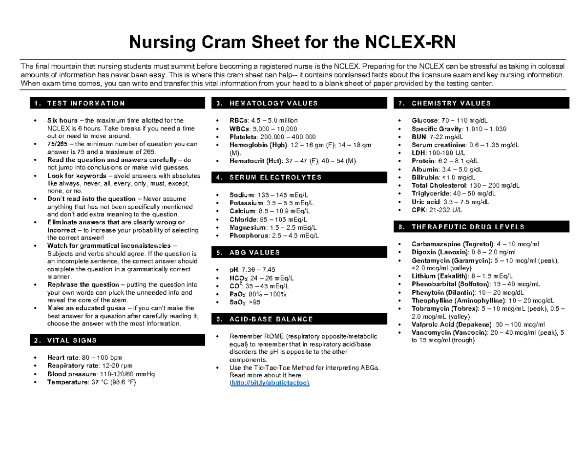 Nclex Cram Sheet 2017 0720 - Nursing Cram Sheet for the NCLEX-RN The ...