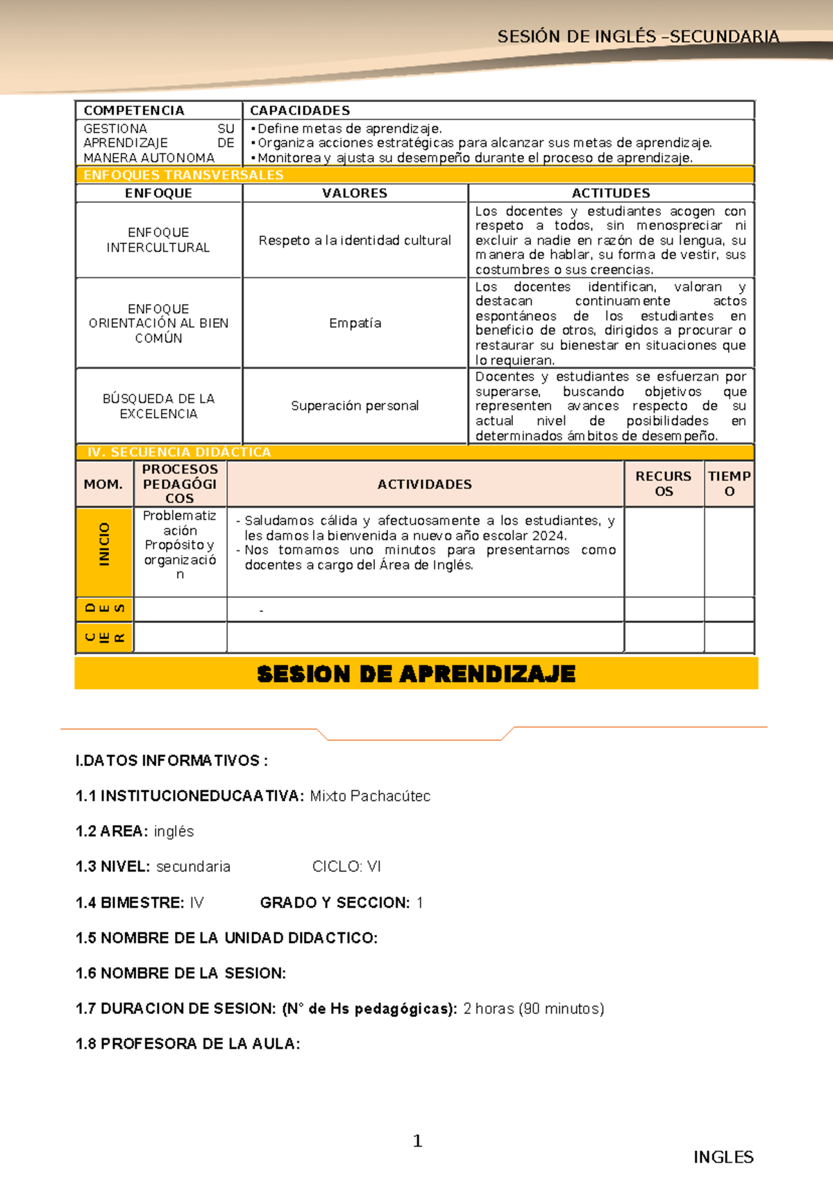 1°y2° Sesion ACTV O - Ingles 2024 - SESIÓN DE INGLÉS –SECUNDARIA INGLES 1 COMPETENCIA ...
