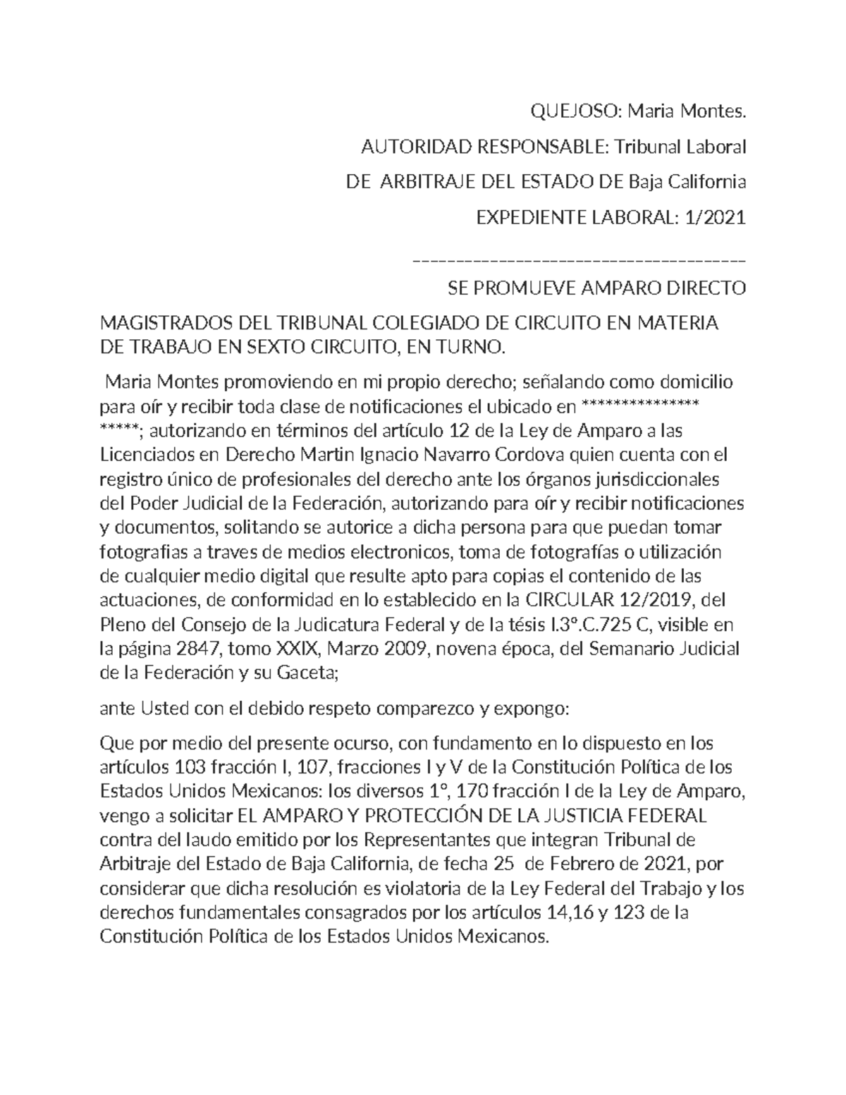 Amparo directo buroc - QUEJOSO: Maria Montes. AUTORIDAD RESPONSABLE ...