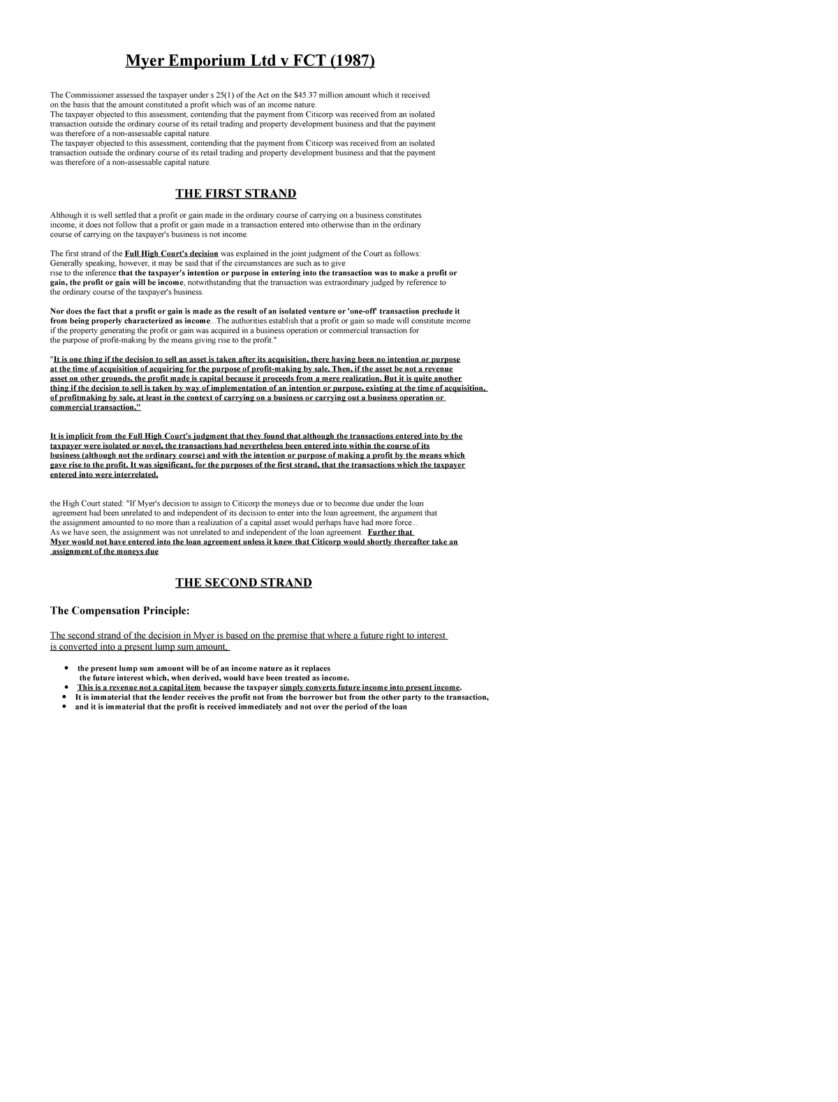 Myer Emporium Ltd - exam notes - Myer Emporium Ltd v FCT (1987) The ...