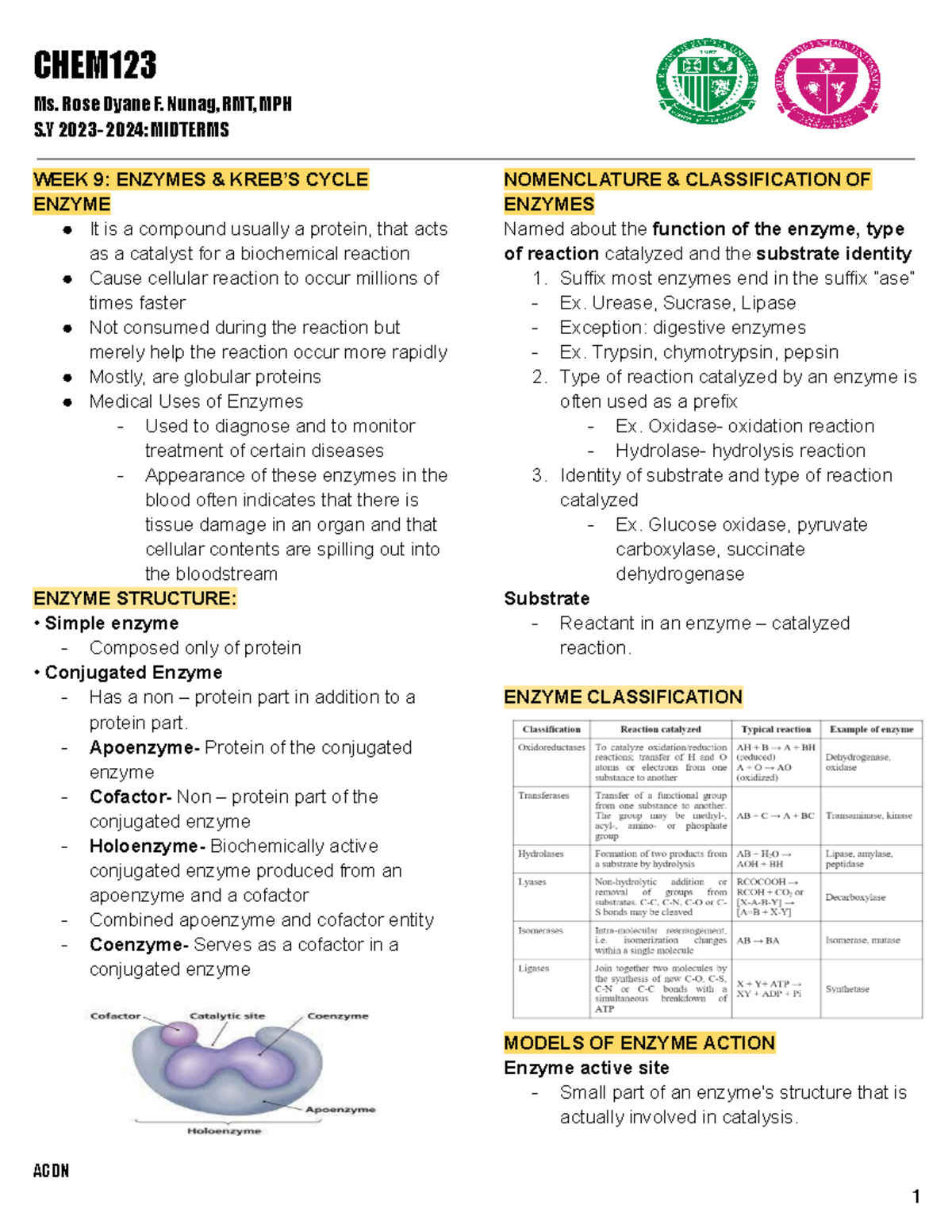 CHEM123- Enzymes & KREB'S Cycle - CHEM Ms. Rose Dyane F. Nunag, RMT ...