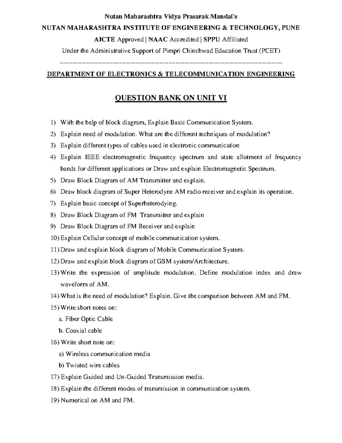 BXE Question BANK UNIT 6 - Nutan Maharashtra Vidya Prasarak Mandal's NUTAN MAHARASHTRA INSTITUTE ...
