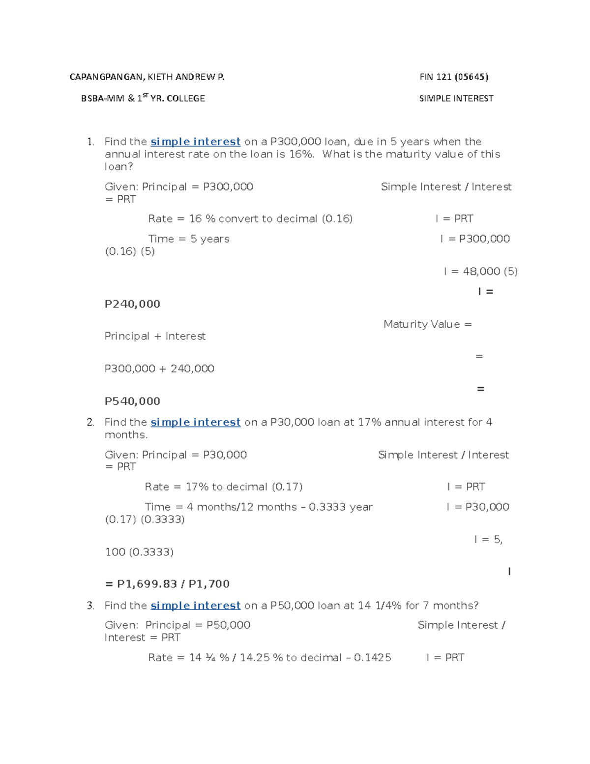FIN 121 Simple Interest Computation - CAPANGPANGAN, KIETH ANDREW P. FIN ...