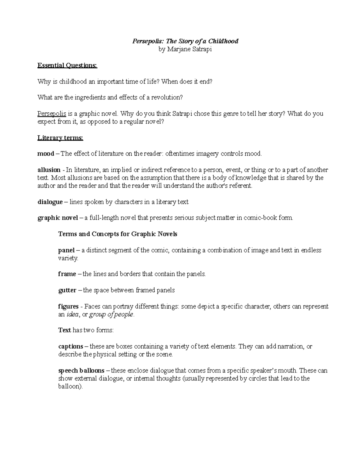 Persepolis Study Guide Ch. 6-10 - Persepolis: The Story of a Childhood ...