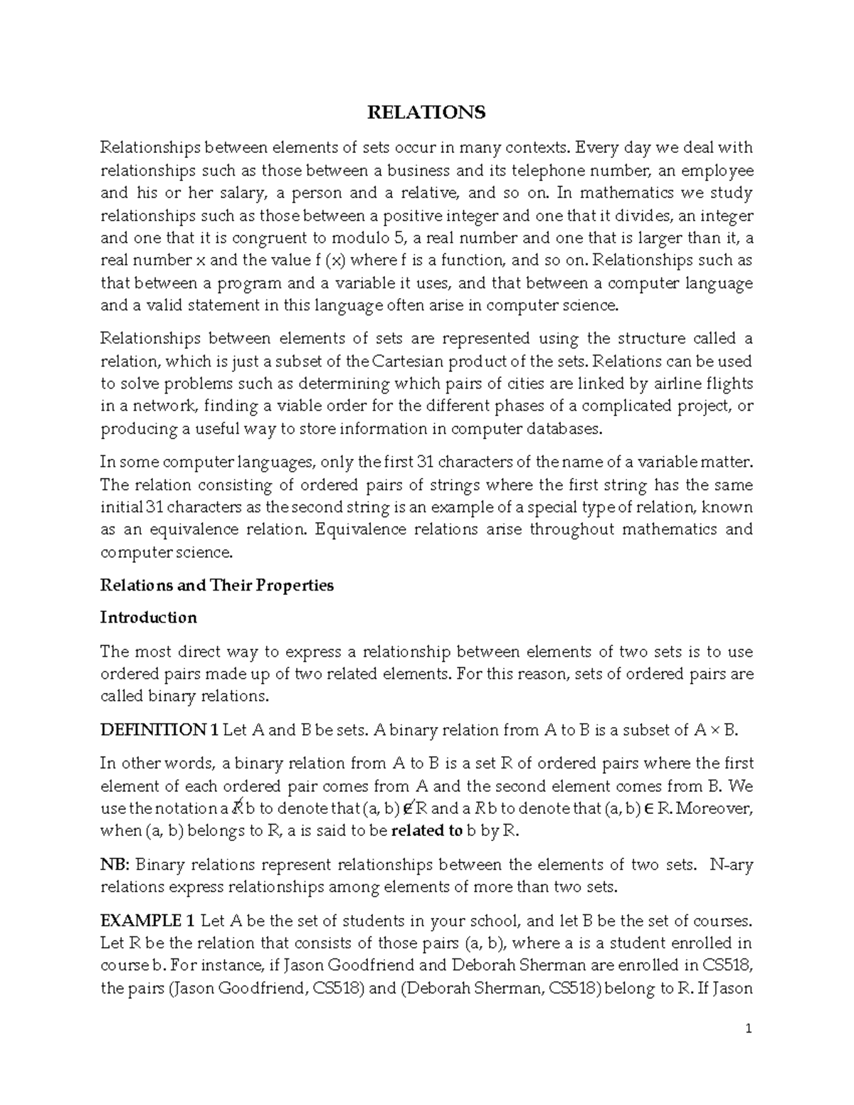 Relations - RELATIONS Relationships between elements of sets occur in ...