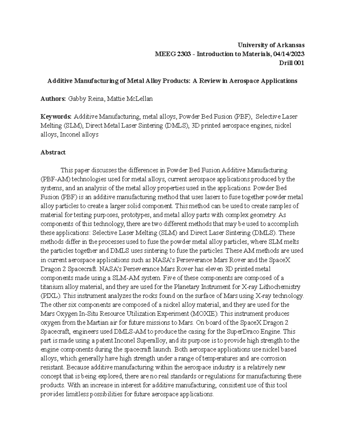 Materials Term Paper - University of Arkansas MEEG 2303 - Introduction ...